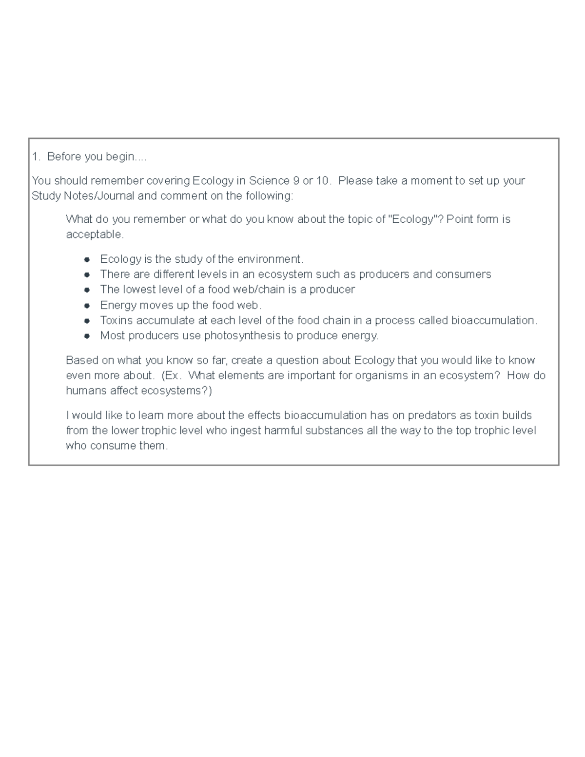 Study Note 1 - ecology - Before you begin.... You should remember ...