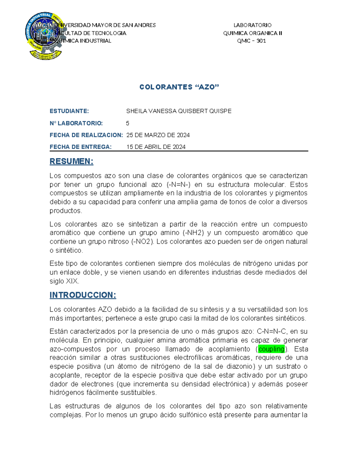 2. colorantes azo - FACULTAD DE TECNOLOGIA QUIMICA ORGANICA II QUIMICA ...