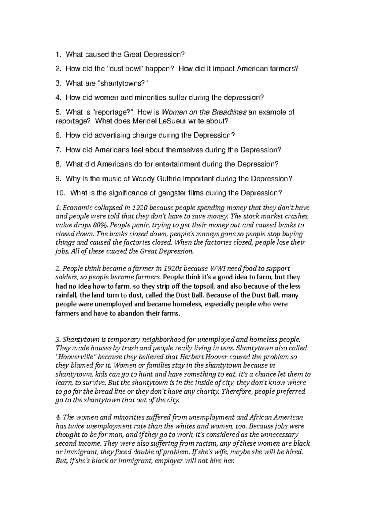 Great Depression - 1. What caused the Great Depression? 2. How did the ...