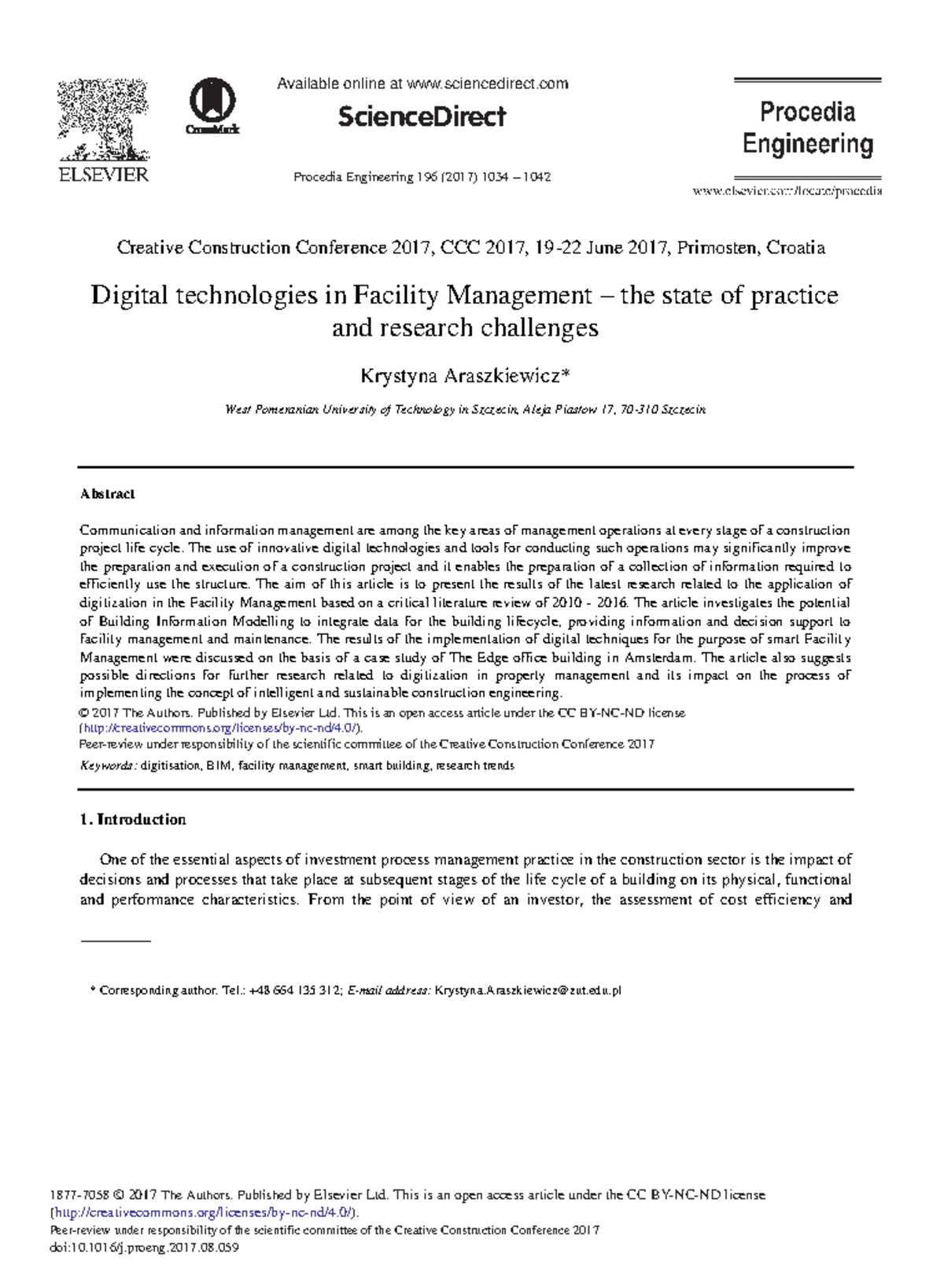 Facility Management - Procedia Engineering 196 ( 2017 ) 1034 – 1042 ...