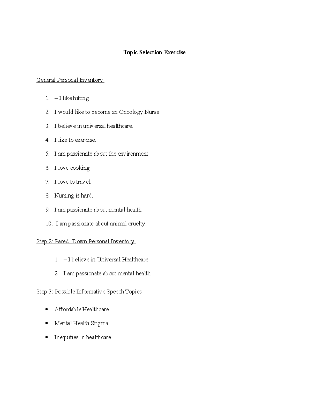 Topic Selection Exercise - Topic Selection Exercise General Personal ...