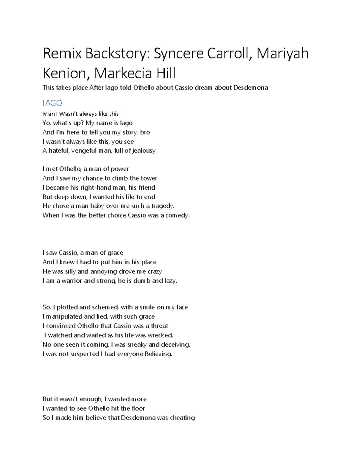 Othello remix backstory - Remix Backstory: Syncere Carroll, Mariyah ...