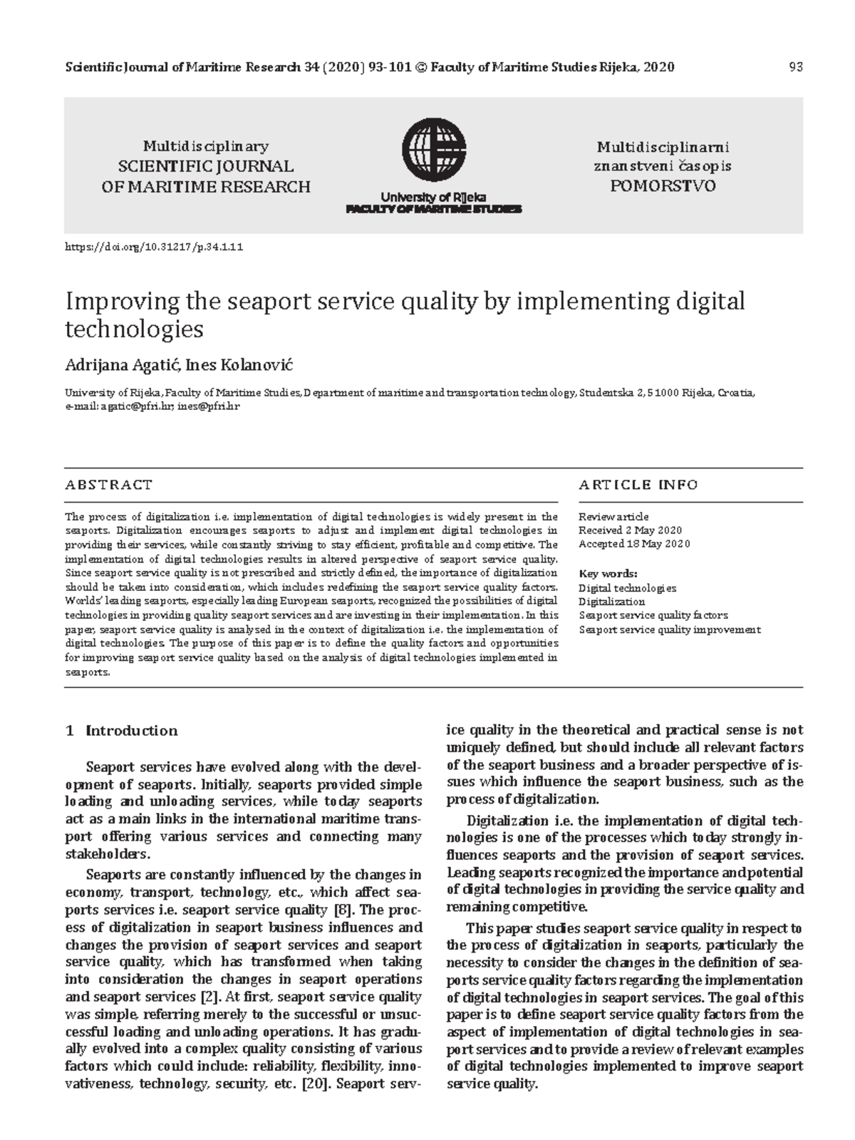 523 Agatic et al - Scientific Journal of Maritime Research 34 (2020) 93 ...