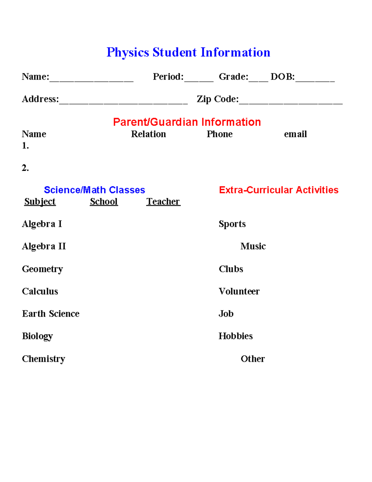 Day One Physics - Physics Student Information Name ...
