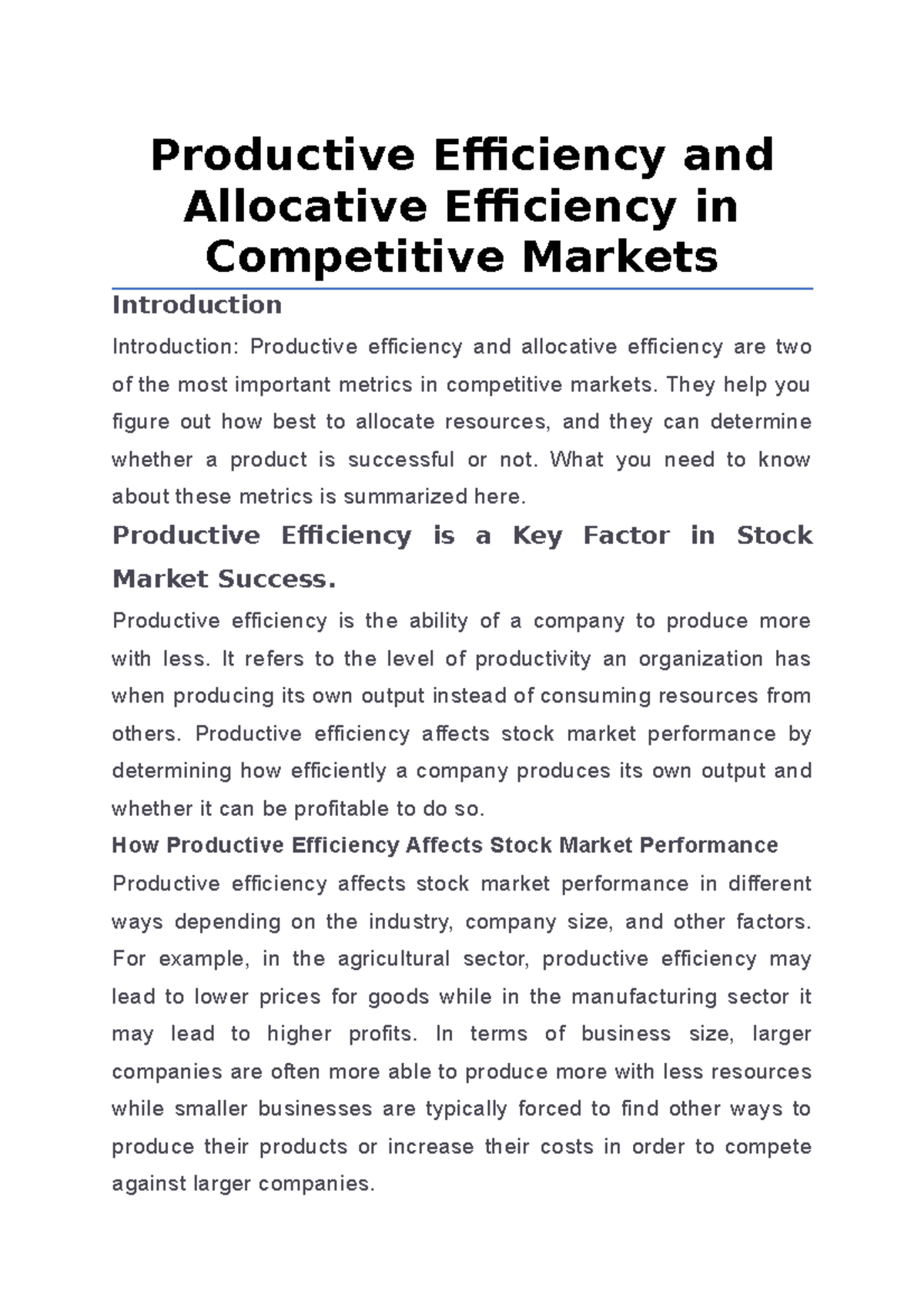 Productive Efficiency and Allocative Efficiency in Competitive Markets - Productive Efficiency ...