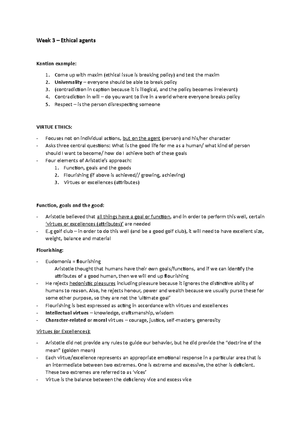 Week 3 - ethical ections - Week 3 – Ethical agents Kantian example ...