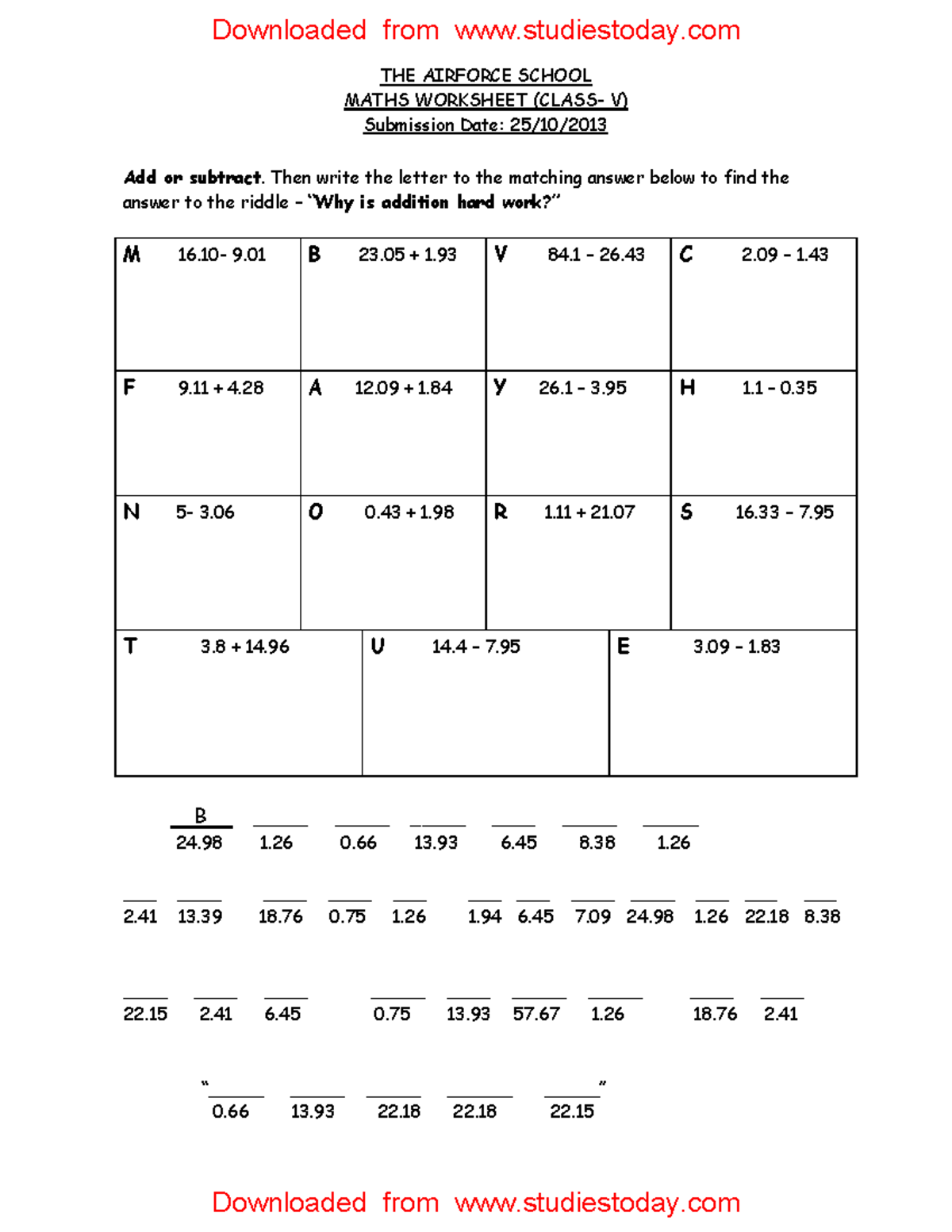CBSE Class 5 Mathematics Add Or Subtract Worksheet - - Studocu