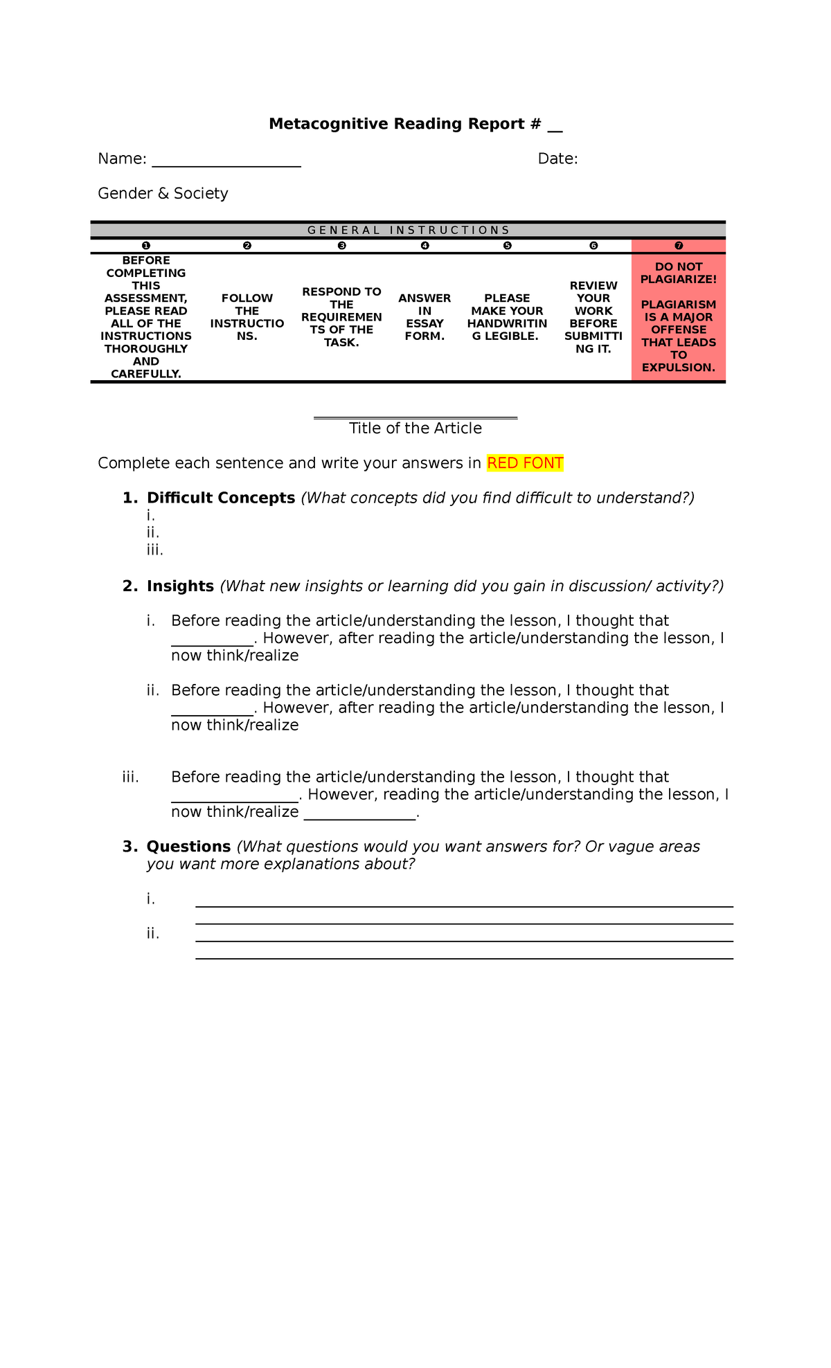 MRR template - Practice Materials - Metacognitive Reading Report # __ Name ...