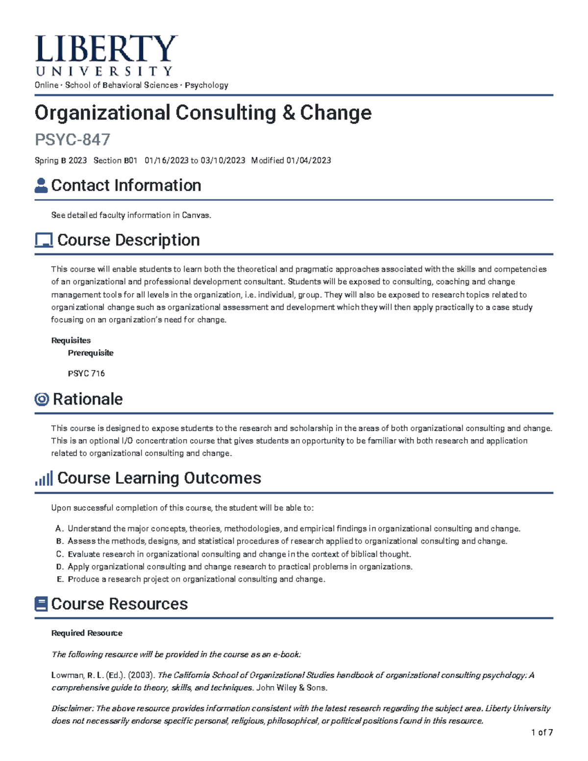 Organizational Consulting Change PSYC 847 Spring B 2023 - Contact ...