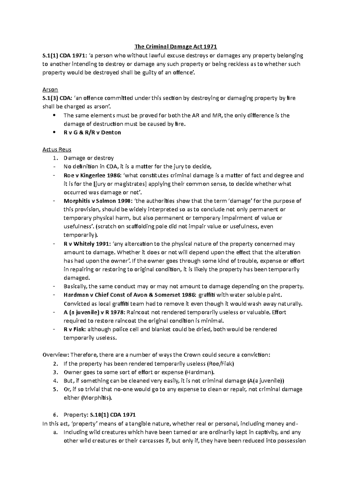 Criminal Damage lecture and textbook notes - The Criminal Damage Act ...