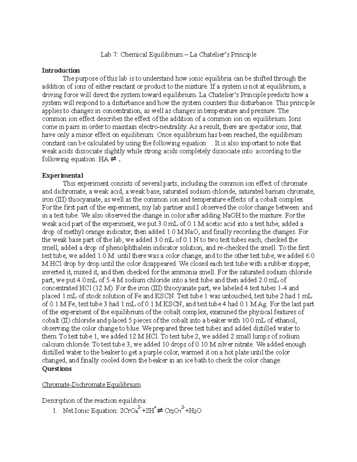 Lab 7- Chemical Equilibrium – La Chatelier’s Principle - Lab 7 ...