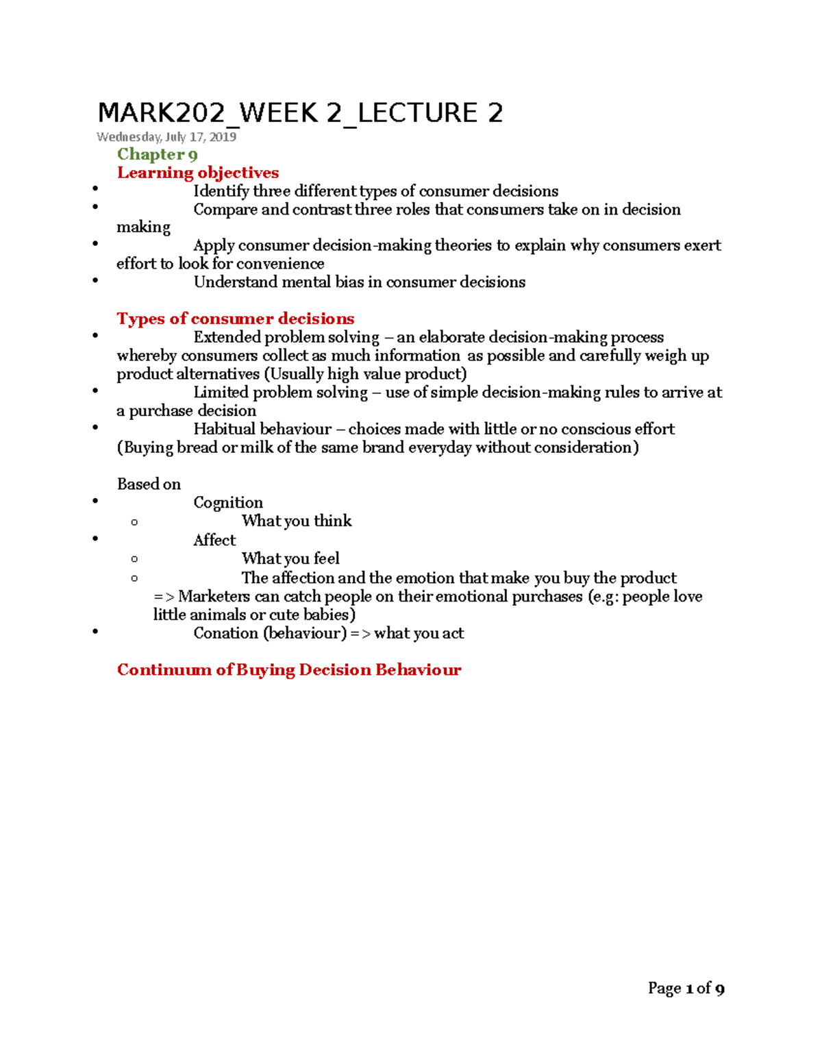 MARK202 WEEK 2 Lecture 2 - MARK202_WEEK 2_LECTURE 2 Wednesday, July 17, 2019 Chapter 9 Learning ...
