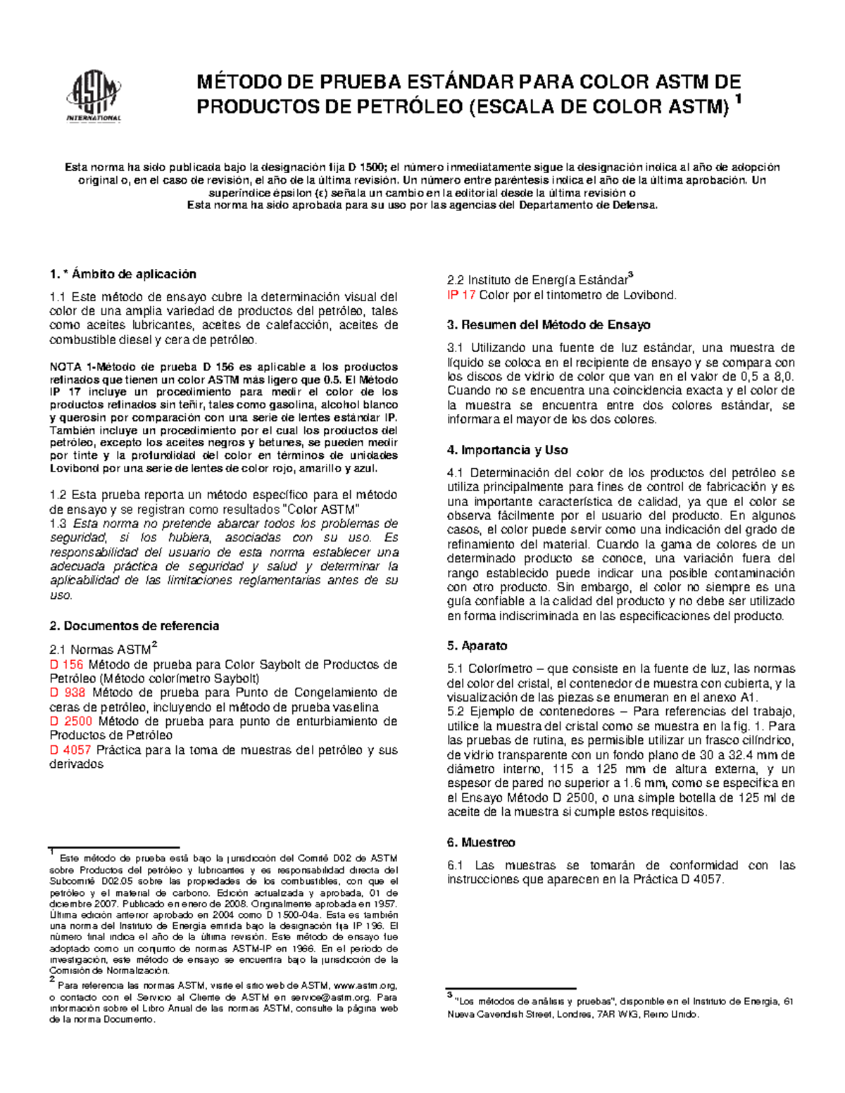 DET. Color -astm-d-1500 - MÉTODO DE PRUEBA ESTÁNDAR PARA COLOR ASTM DE ...