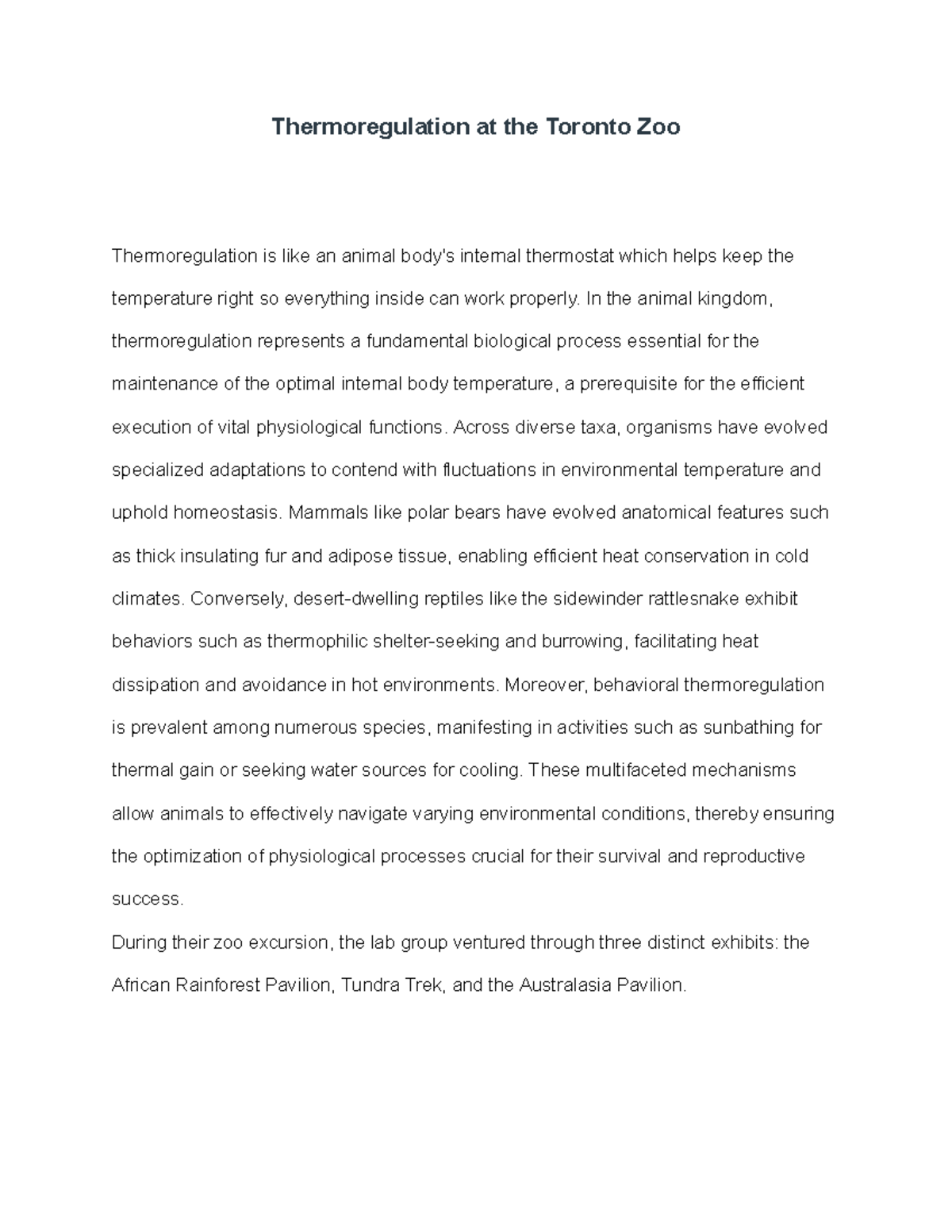 Thermoregulation at the Toronto Zoo - Thermoregulation at the Toronto ...