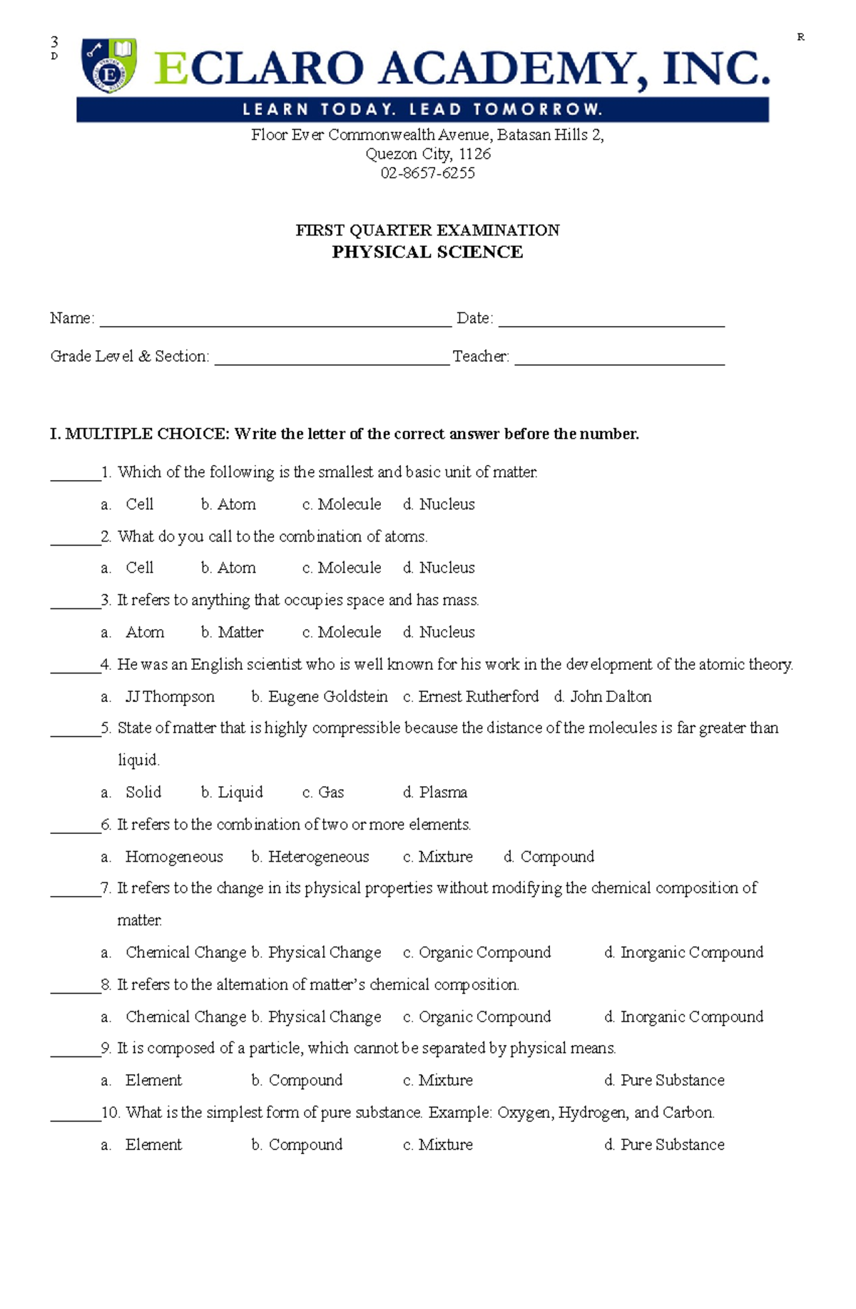 Physical- Science-EXAM - 3 R D Floor Ever Commonwealth Avenue, Batasan ...