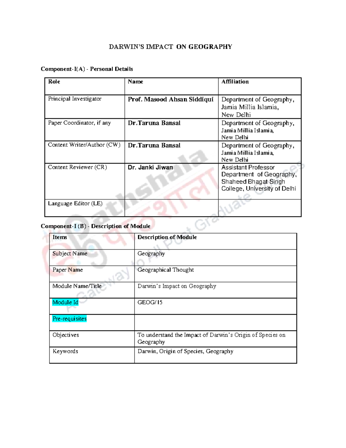 2. Darwin - MSCPREVIOUS - DARWIN’S IMPACT ON GEOGRAPHY Component-I(A) - Personal Details ...