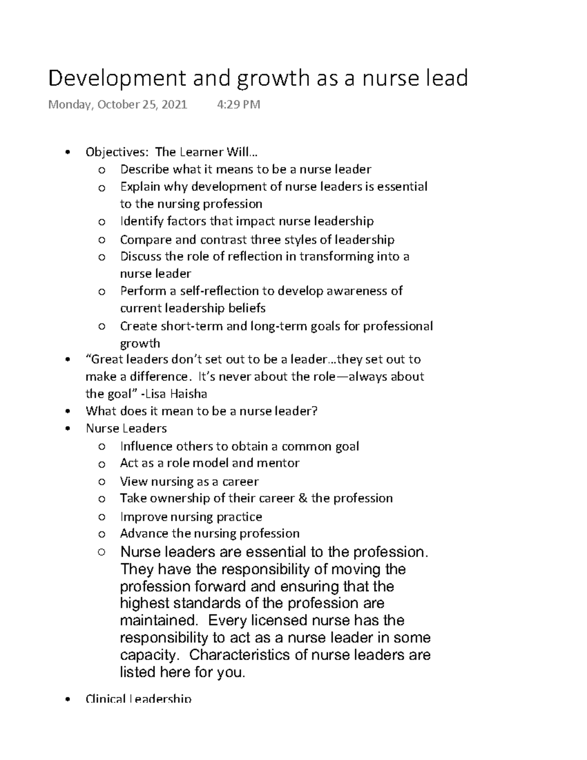 Development and growth as a nurse lead - Objectives: The Learner Will ...