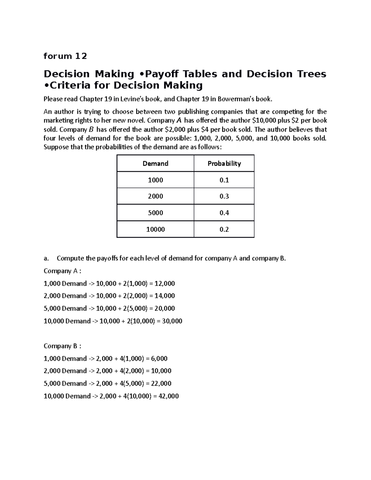 Business Statistics Forum 12 - forum 12 Decision Making •Payoff Tables ...