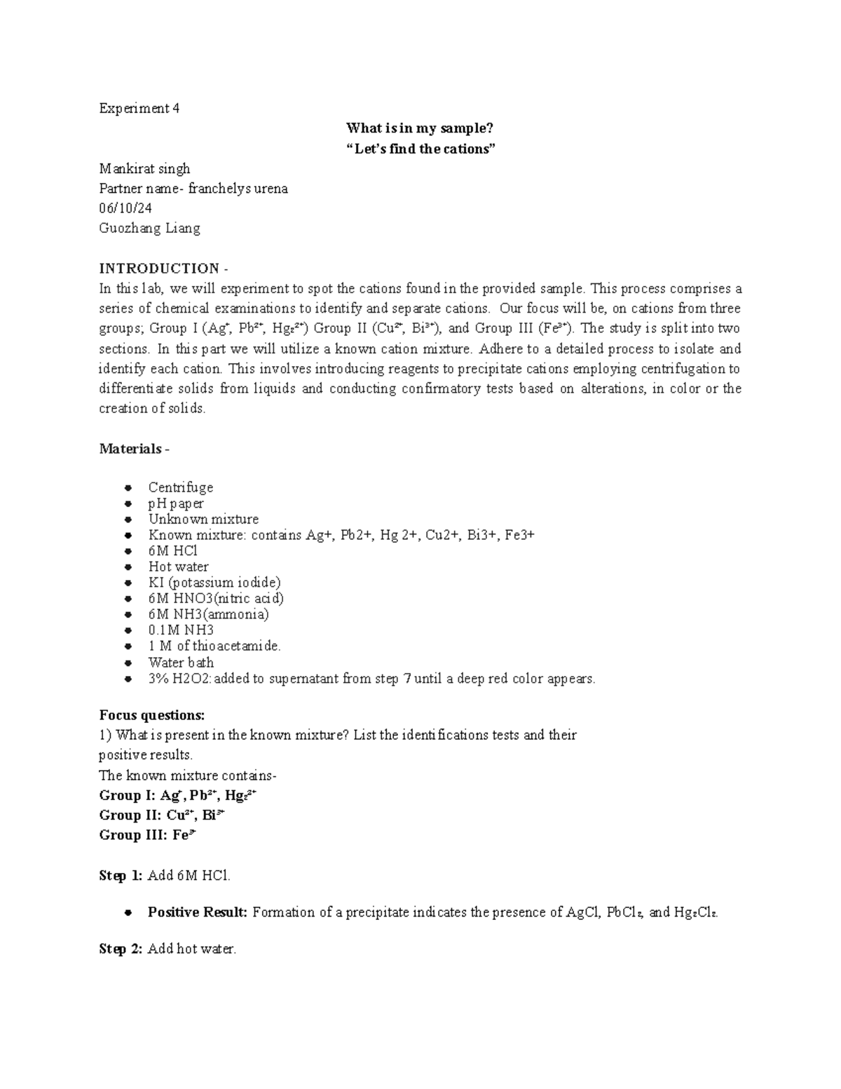Experiment 4 Lab 4 Experiment 4 What Is In My Sample “lets Find The Cations” Mankirat