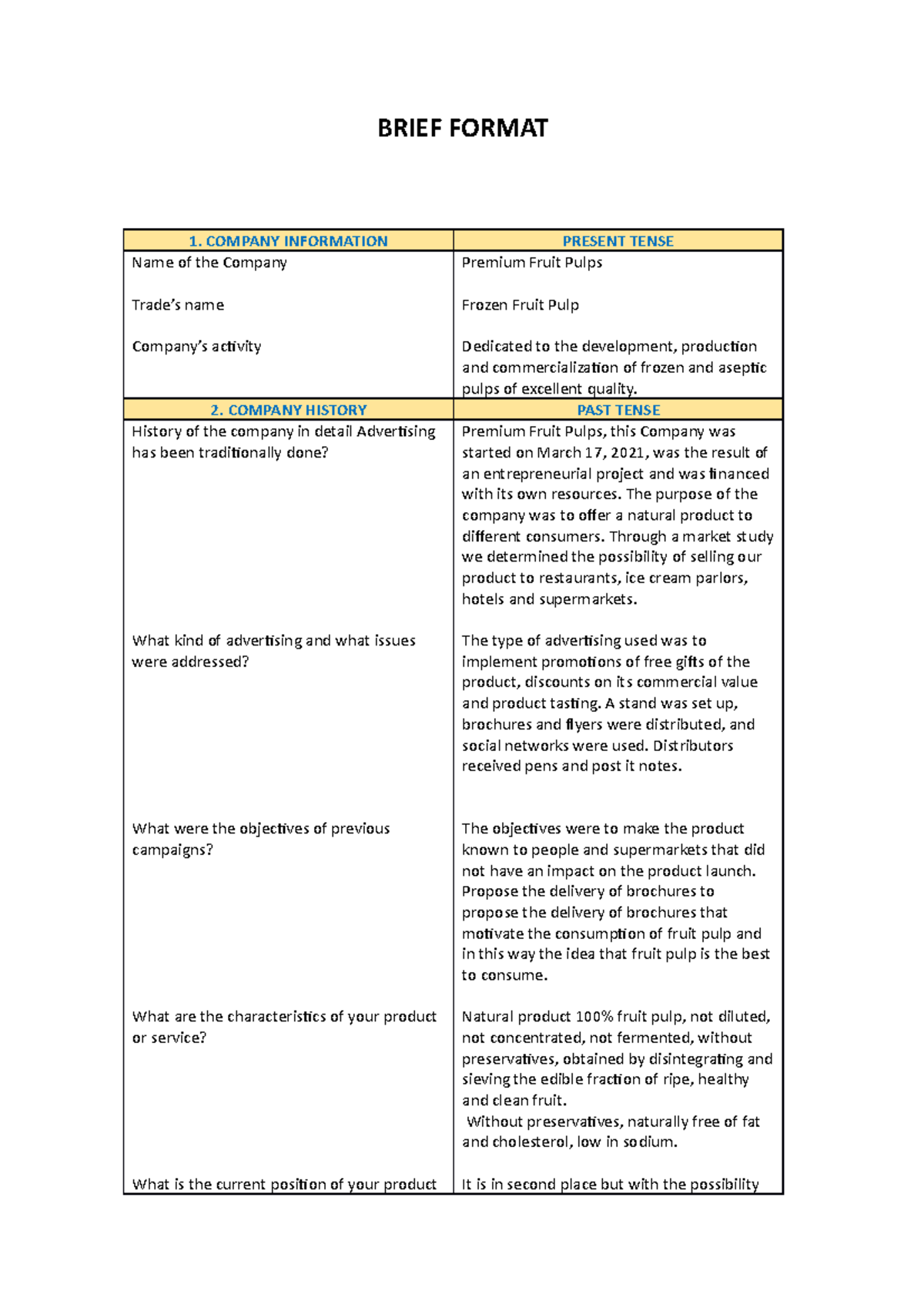 Brief - BRIEF FORMAT 1. COMPANY INFORMATION PRESENT TENSE Name of the ...