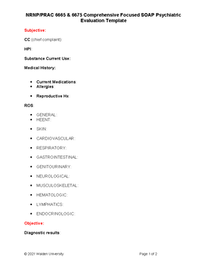 Wk 5 NRNP 6675 Focused SOAP Note - Week 5 Assignment: Focused SOAP Note ...