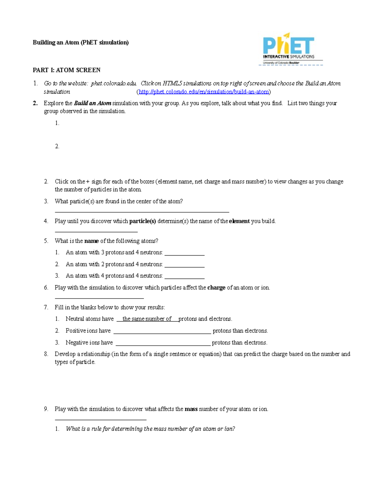 Year 9 Build an Atom Ph ET Simulation - Building an Atom (PhET ...
