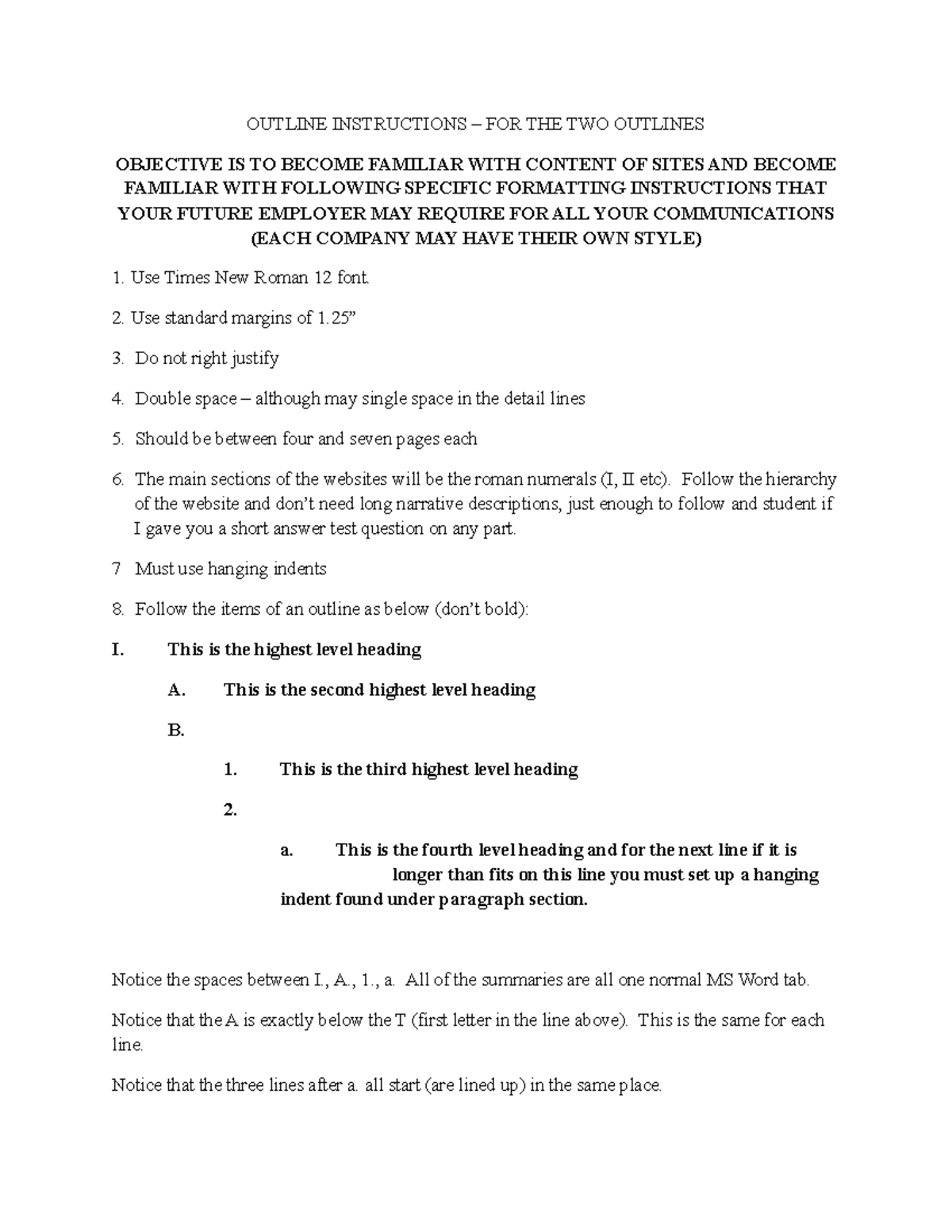 Outline Instructions - OUTLINE INSTRUCTIONS – FOR THE TWO OUTLINES ...