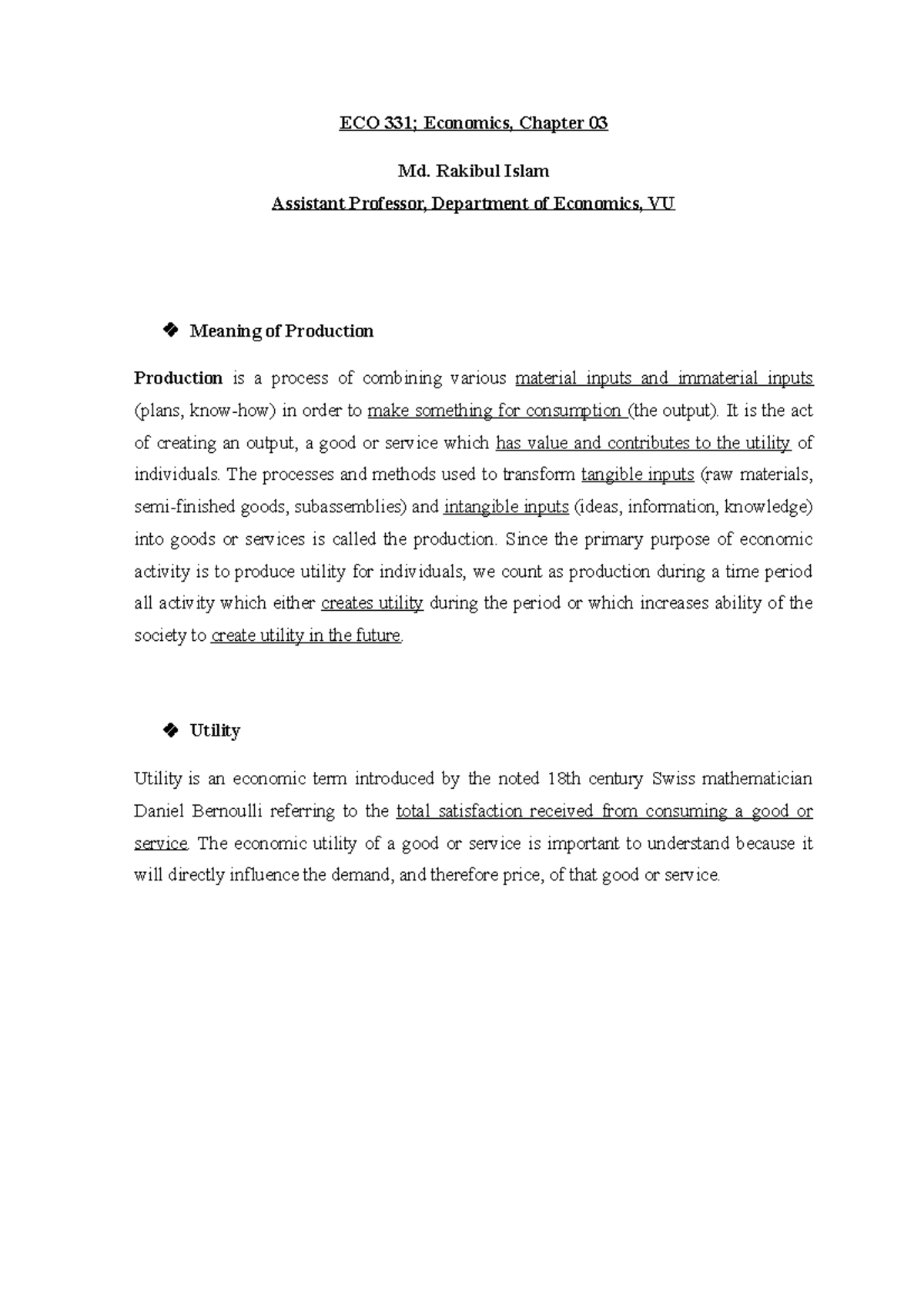 Chapter-03 - lecture - ECO 331; Economics, Chapter 03 Md. Rakibul Islam Assistant Professor ...