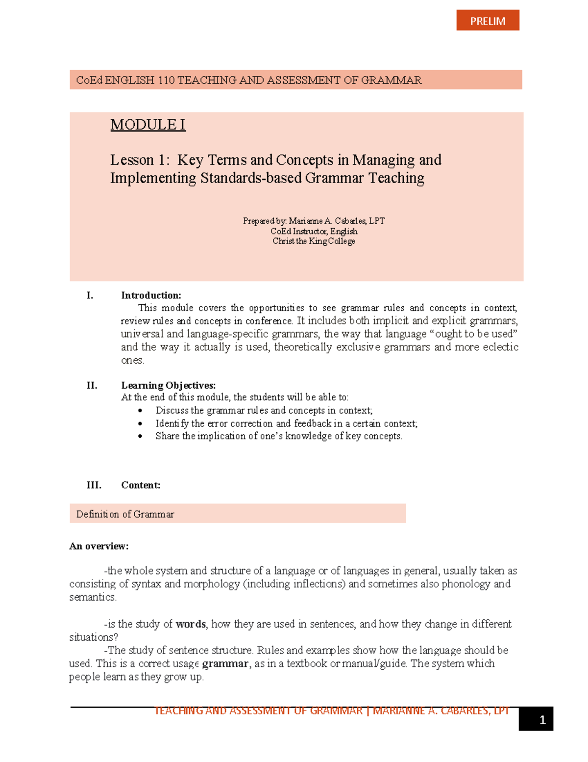 Pdfcoffee - lecture - TEACHING AND ASSESSMENT OF GRAMMAR | MARIANNE A. CABARLES, LPT - Studocu