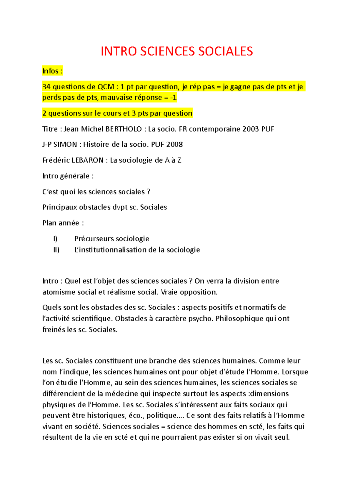Intro Sciences Sociales - INTRO SCIENCES SOCIALES Infos : 34 questions ...