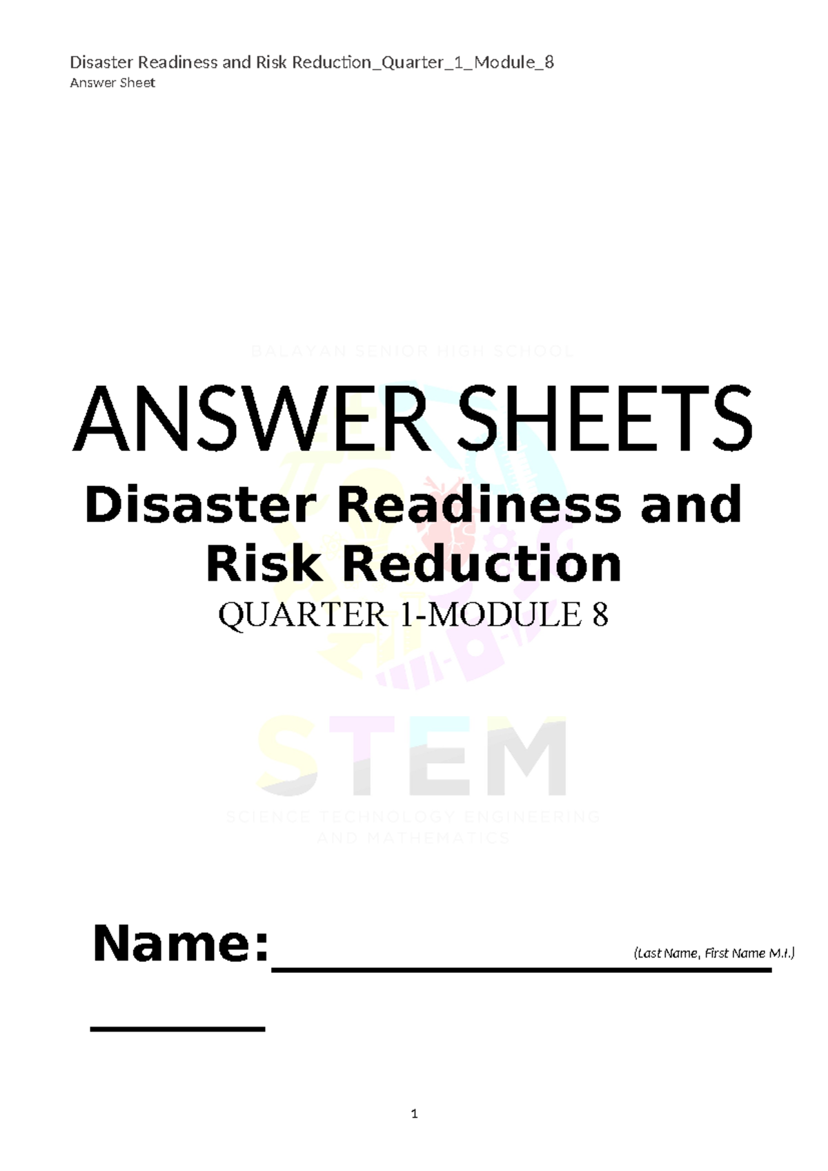 Answer- Sheet-Q 1 Module 8 - Disaster Readiness and Risk Reduction ...