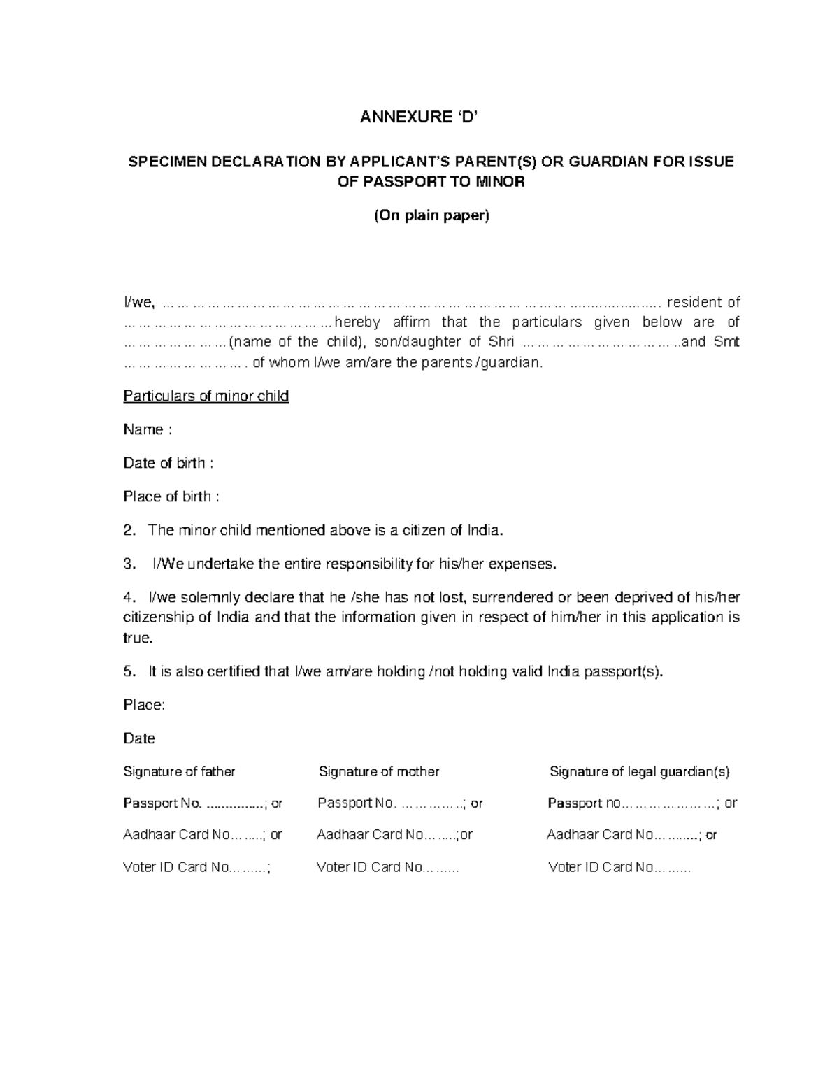 Annexure D Declaration of Parent Guardian for Minor Passports ...