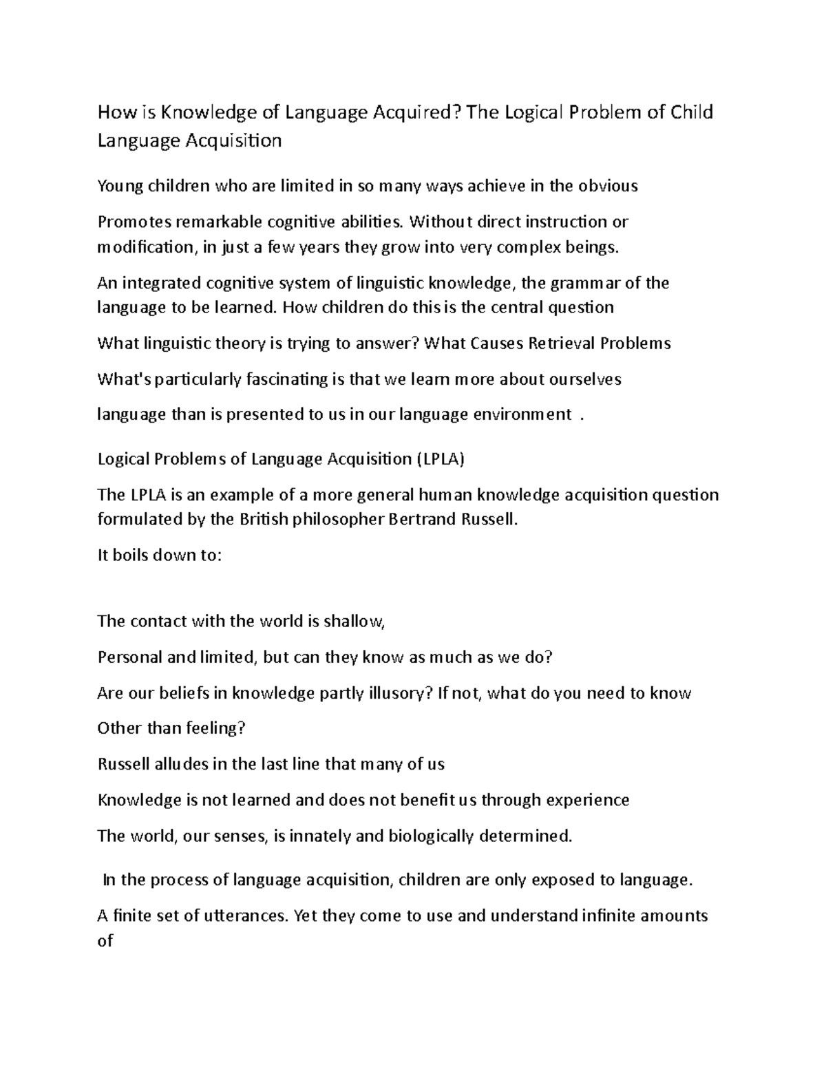 Lig 4 Linguistics How Is Knowledge Of Language Acquired The