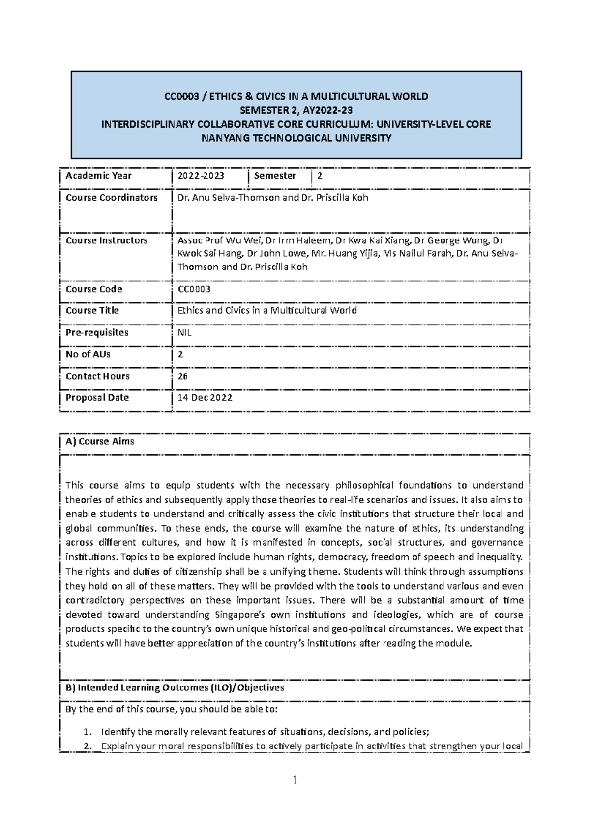 CC3 Course outline - Academic Year 2022-2023 Semester 2 Course ...