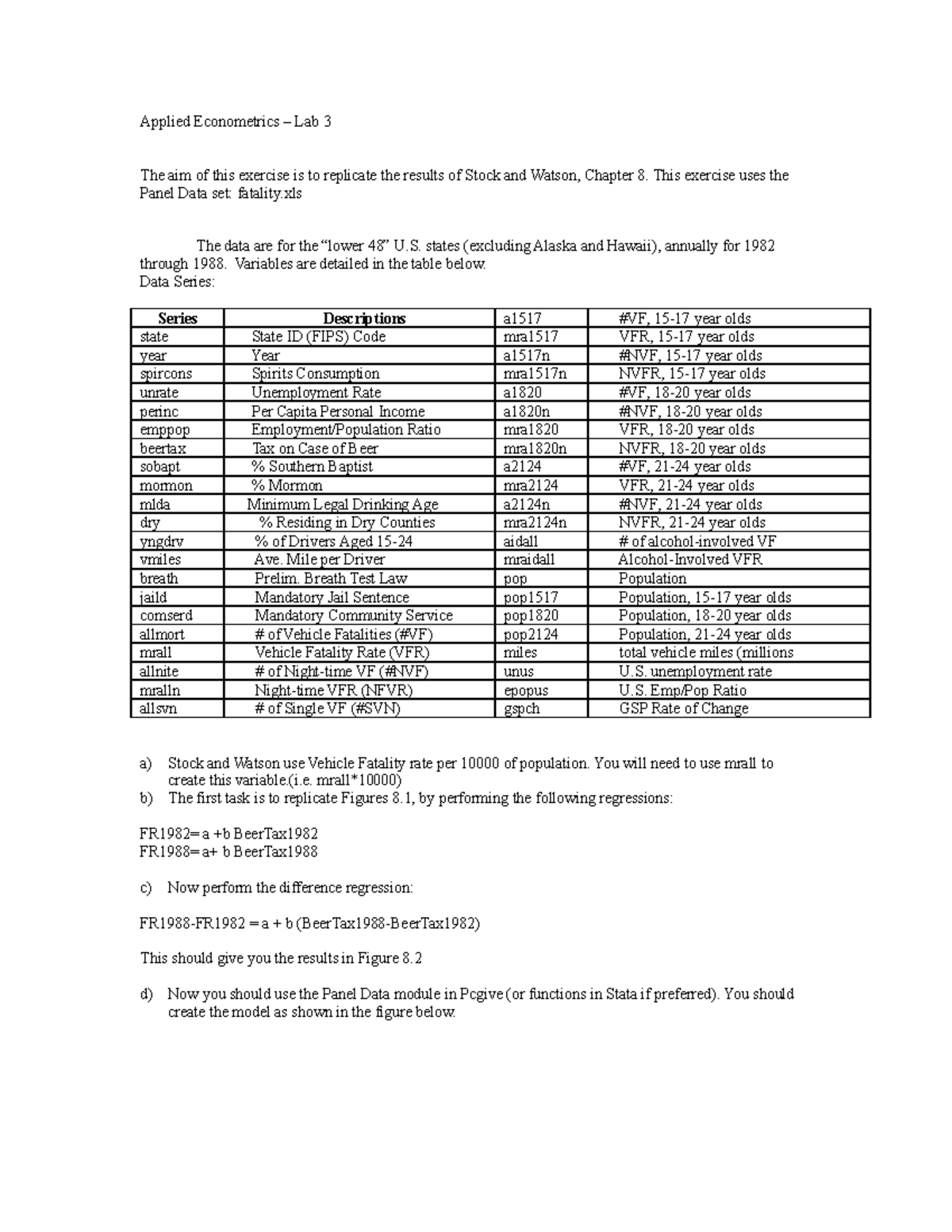 Applied Econometrics Lab 3 Labpd Applied Econometrics Lab 3 The Aim Of This Exercise Is
