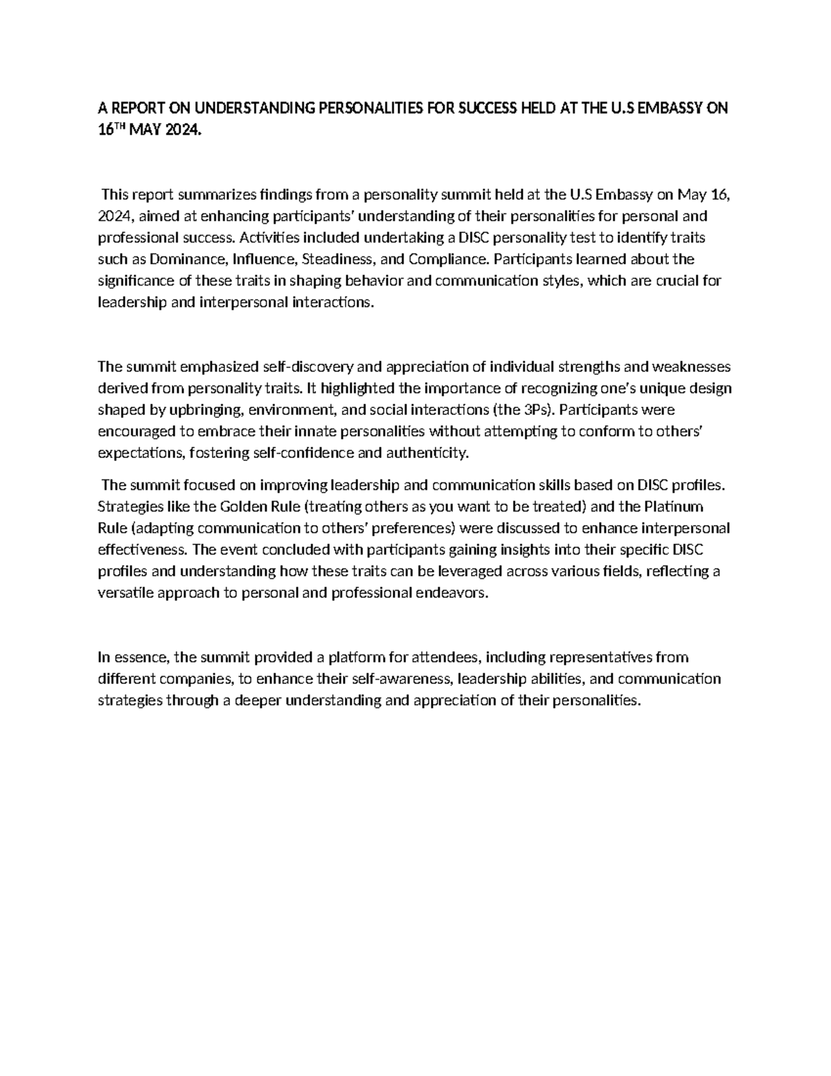 Personality TEST Report - A REPORT ON UNDERSTANDING PERSONALITIES FOR ...