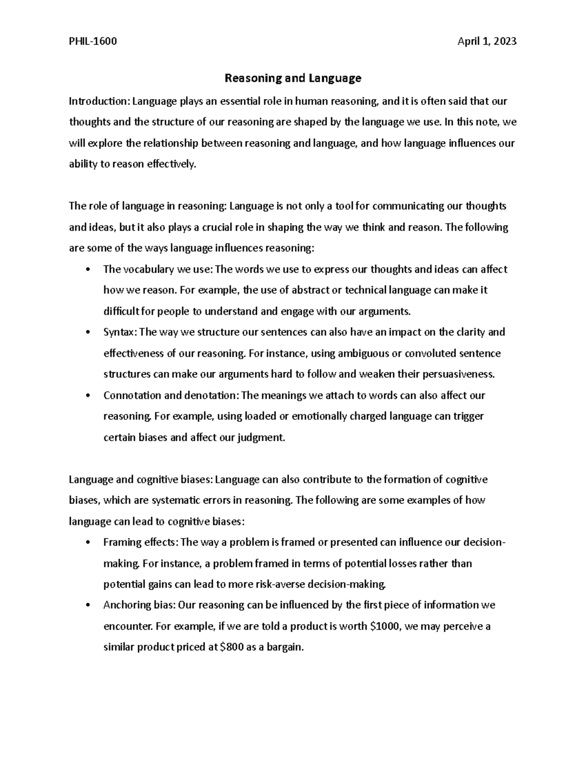 Reasoning and Language - PHIL-1600 April 1, 2023 Reasoning and Language Introduction: Language ...