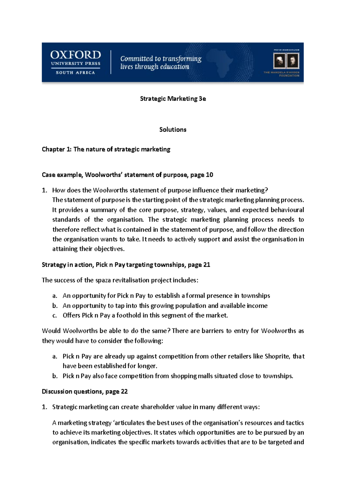Chapter 1 - Solutions for Self Assessment Tasks BUS4019S - Strategic ...