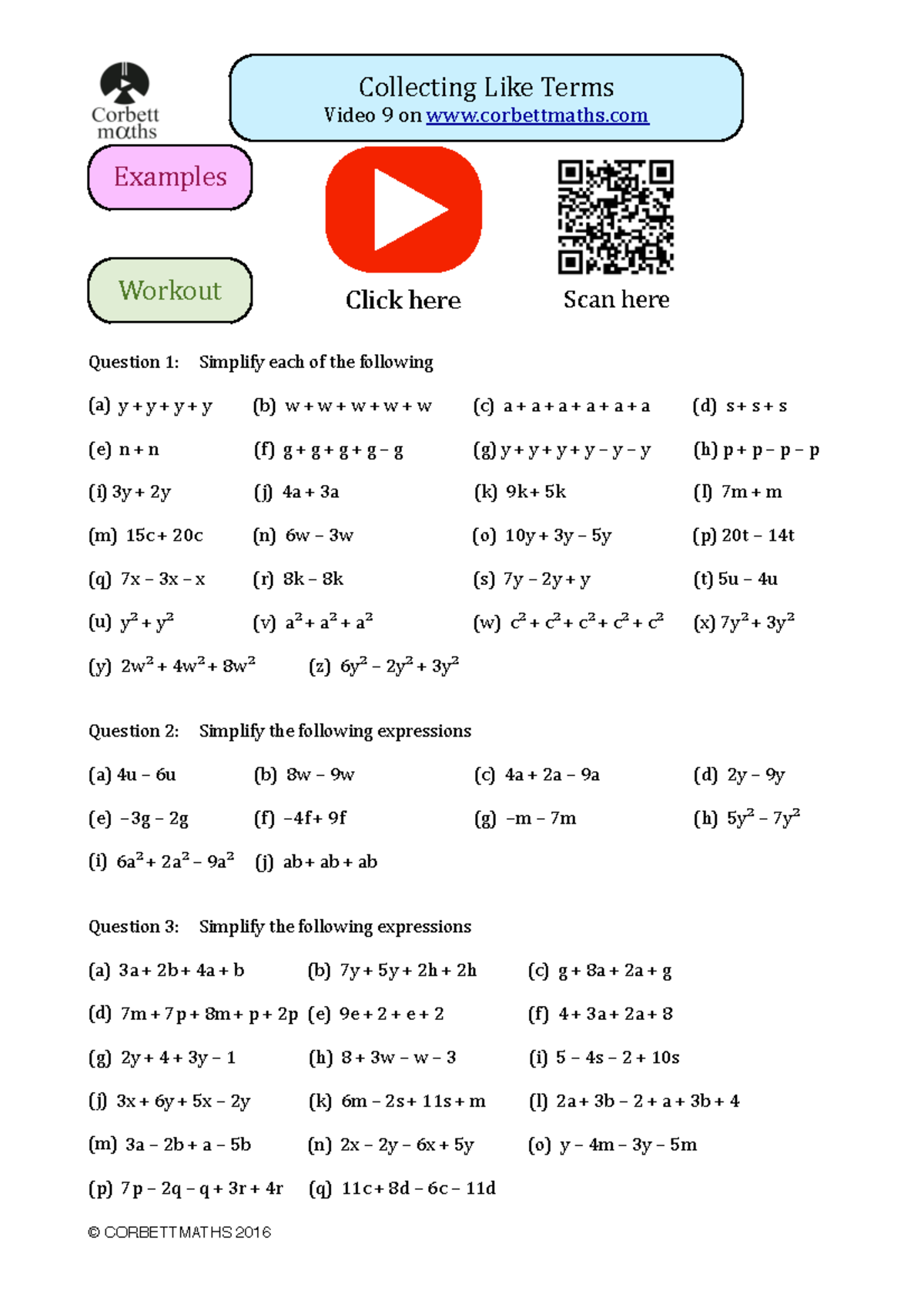 Collecting like terms pdf3 - ! Collecting Like Terms Video 9 on ...