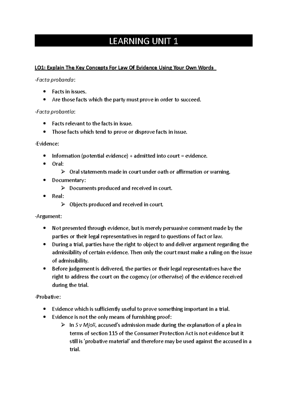 LU1 Notes - LEARNING UNIT 1 LO1: Explain The Key Concepts For Law Of ...