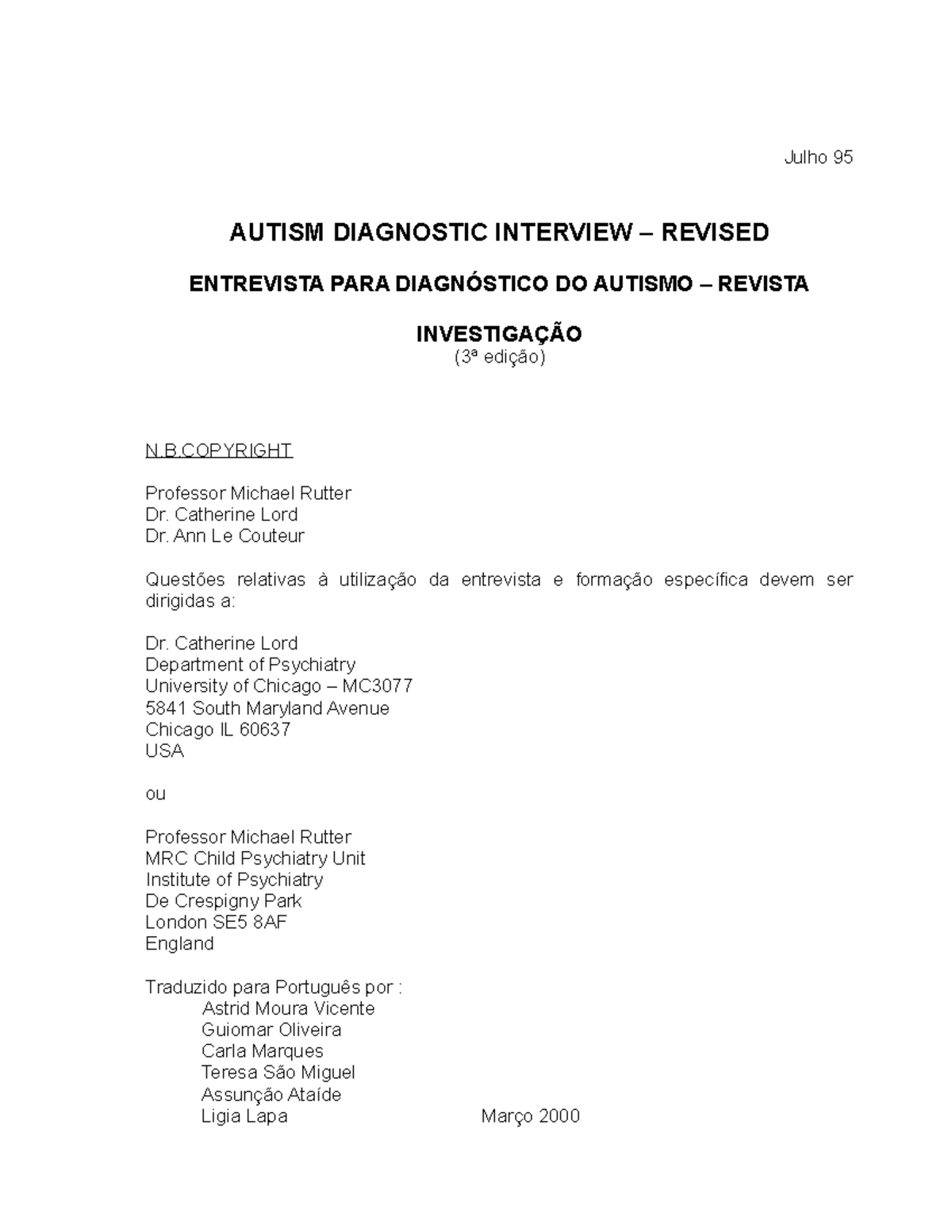 Adir-manual - APLICAÇÃO DE ADIR - Julho 95 AUTISM DIAGNOSTIC INTERVIEW ...