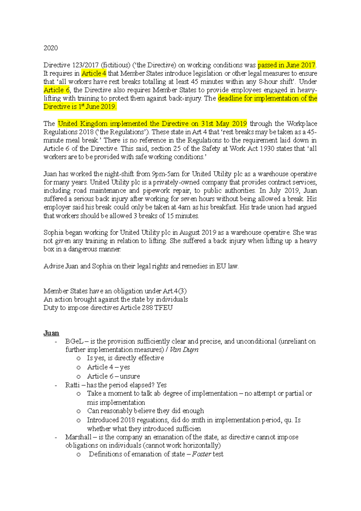 Directives past paper questions - 2020 Directive 123/2017 (fictitious ...