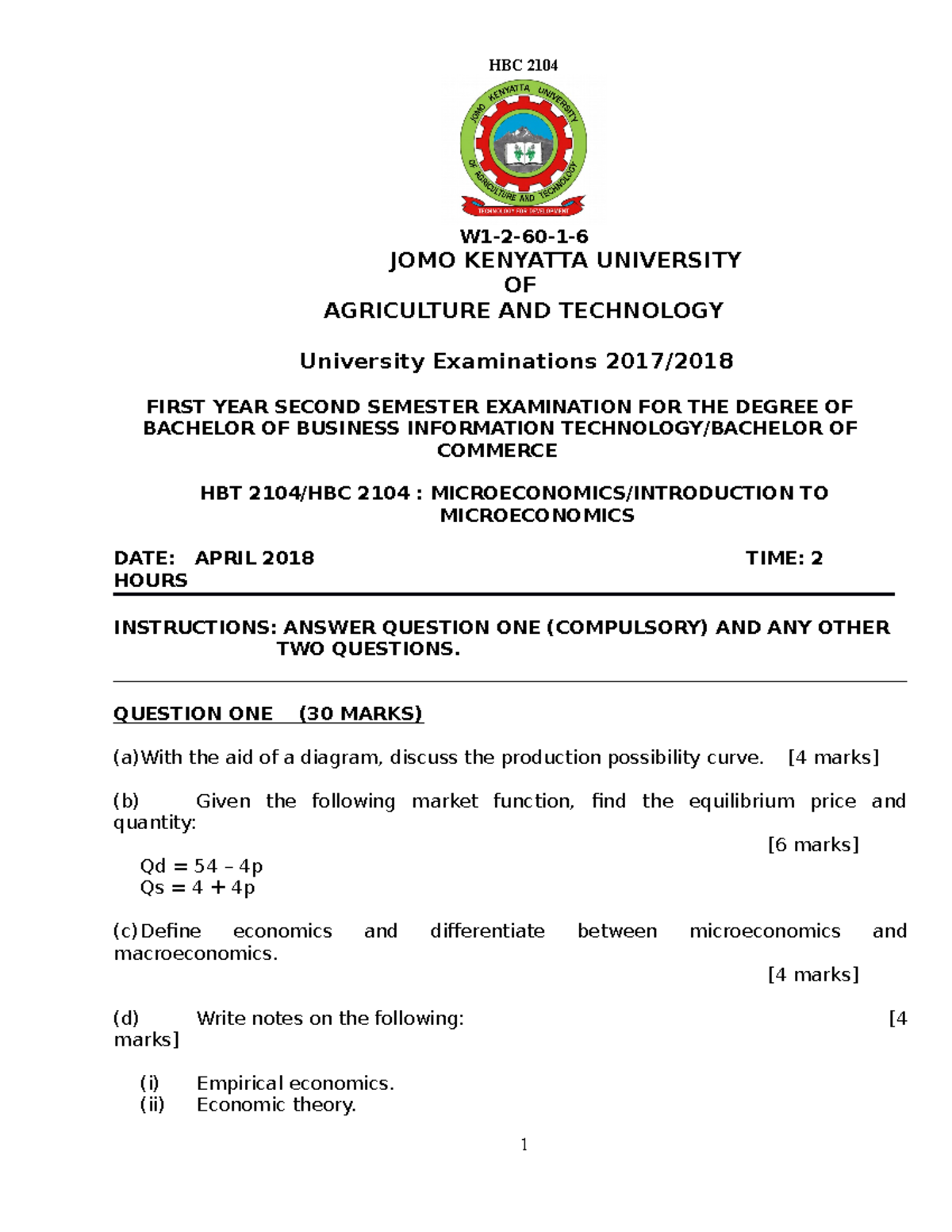 HBT 2104 HBC 2104 Microeconomics Introduction TO Microeconomics - HBC 2104 W1-2-60-1- JOMO ...