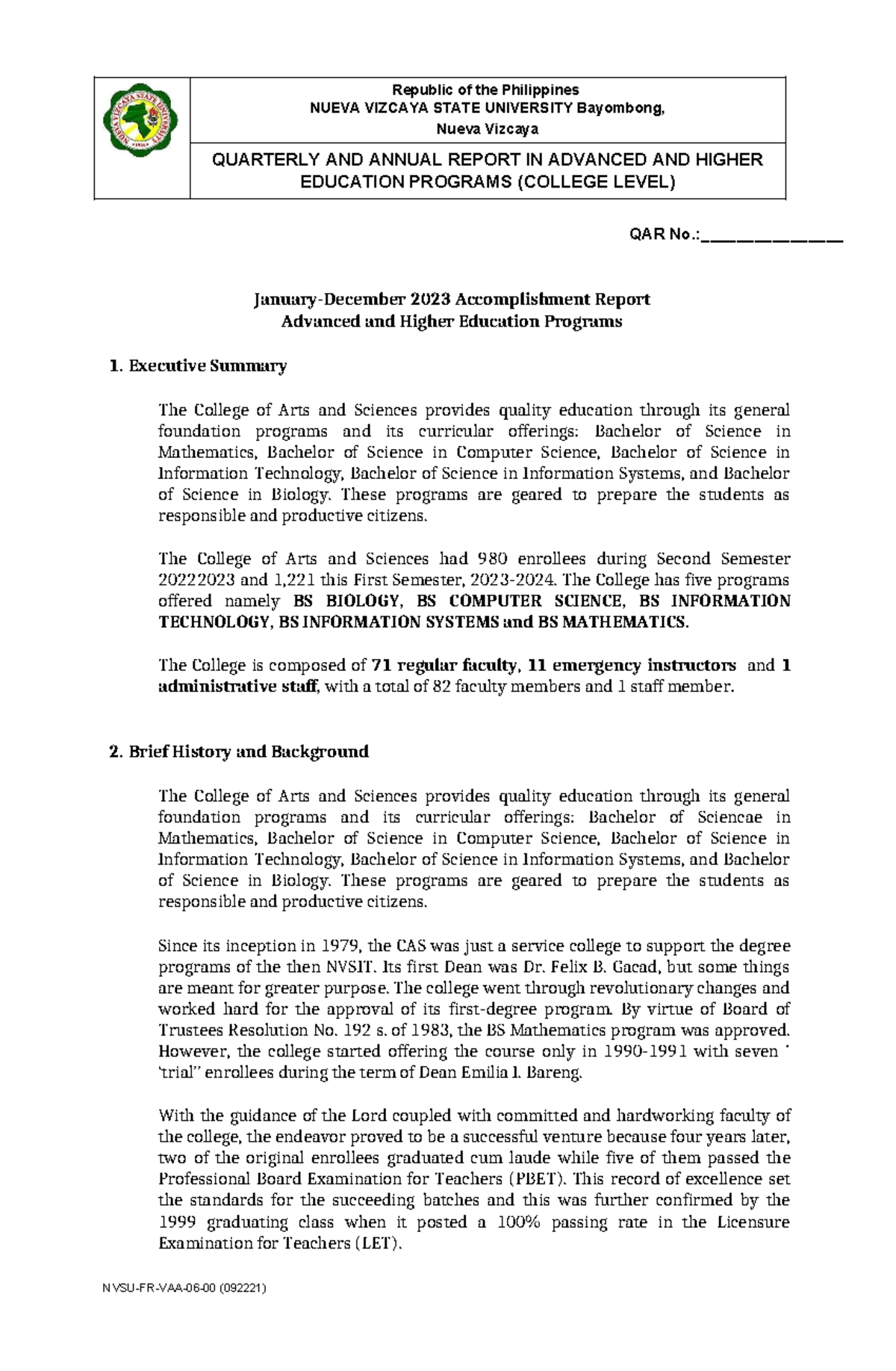 CAS 2023 January December Accomplishment Report Final - QAR No ...