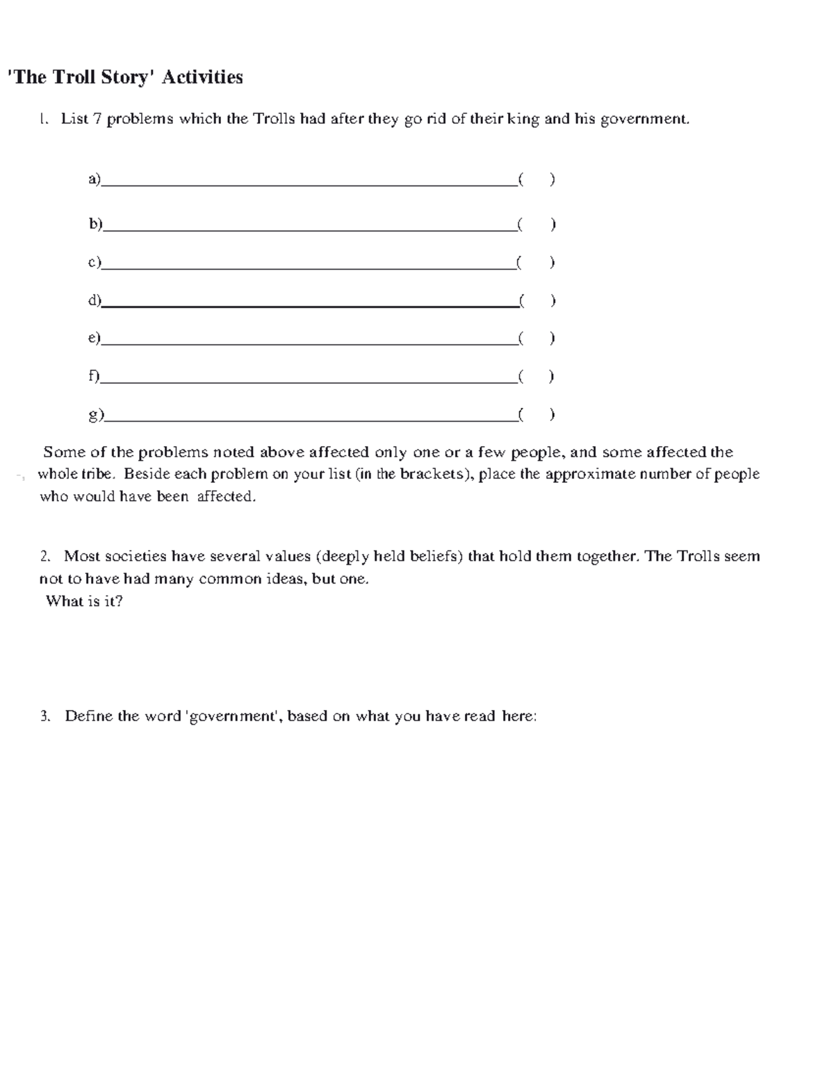 The Troll Story Questions - 'The Troll Story' Activities List 7 ...