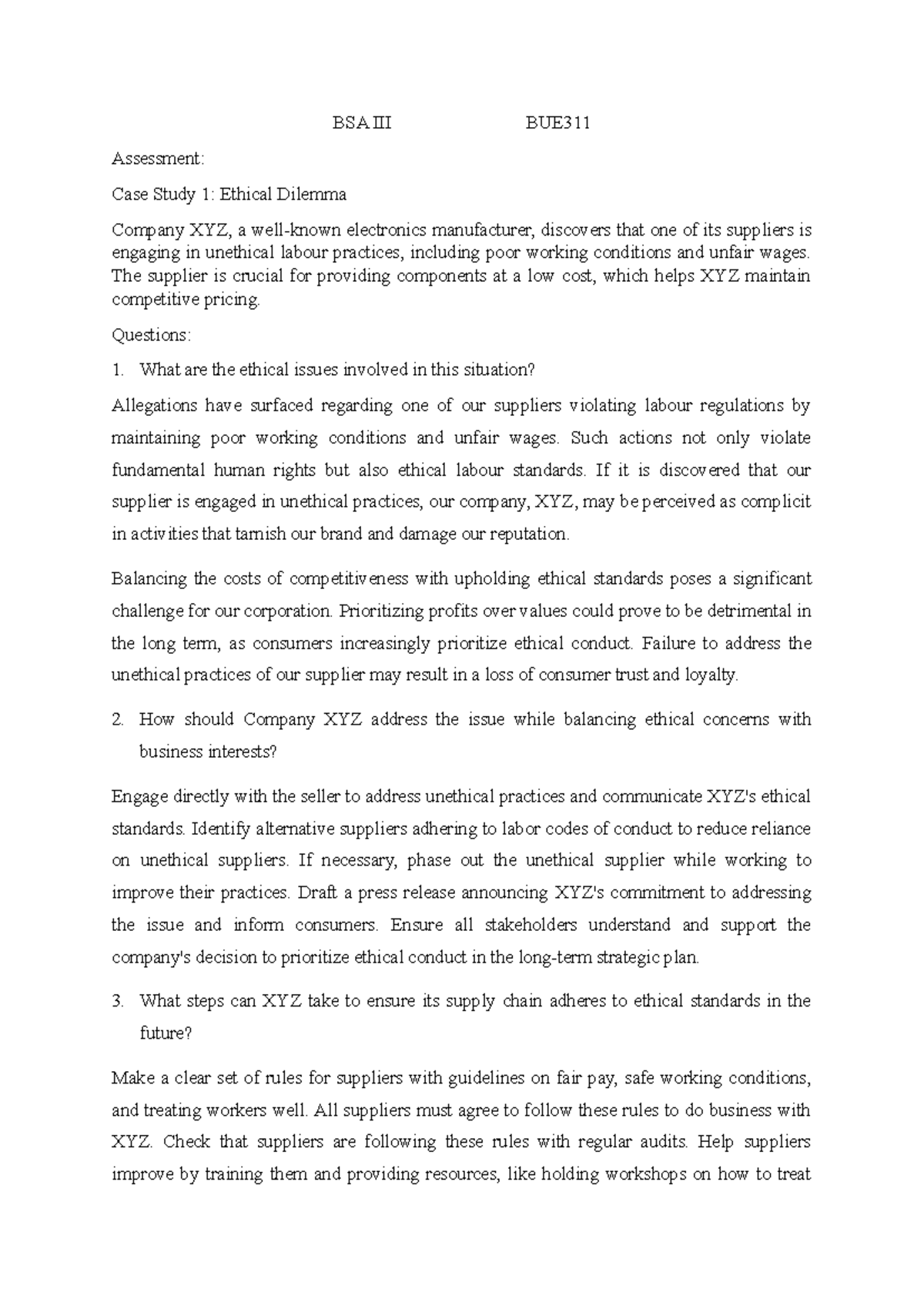 BSA III BUE311 - case study about ethics - BSA III BUE Assessment: Case Study 1: Ethical Dilemma ...