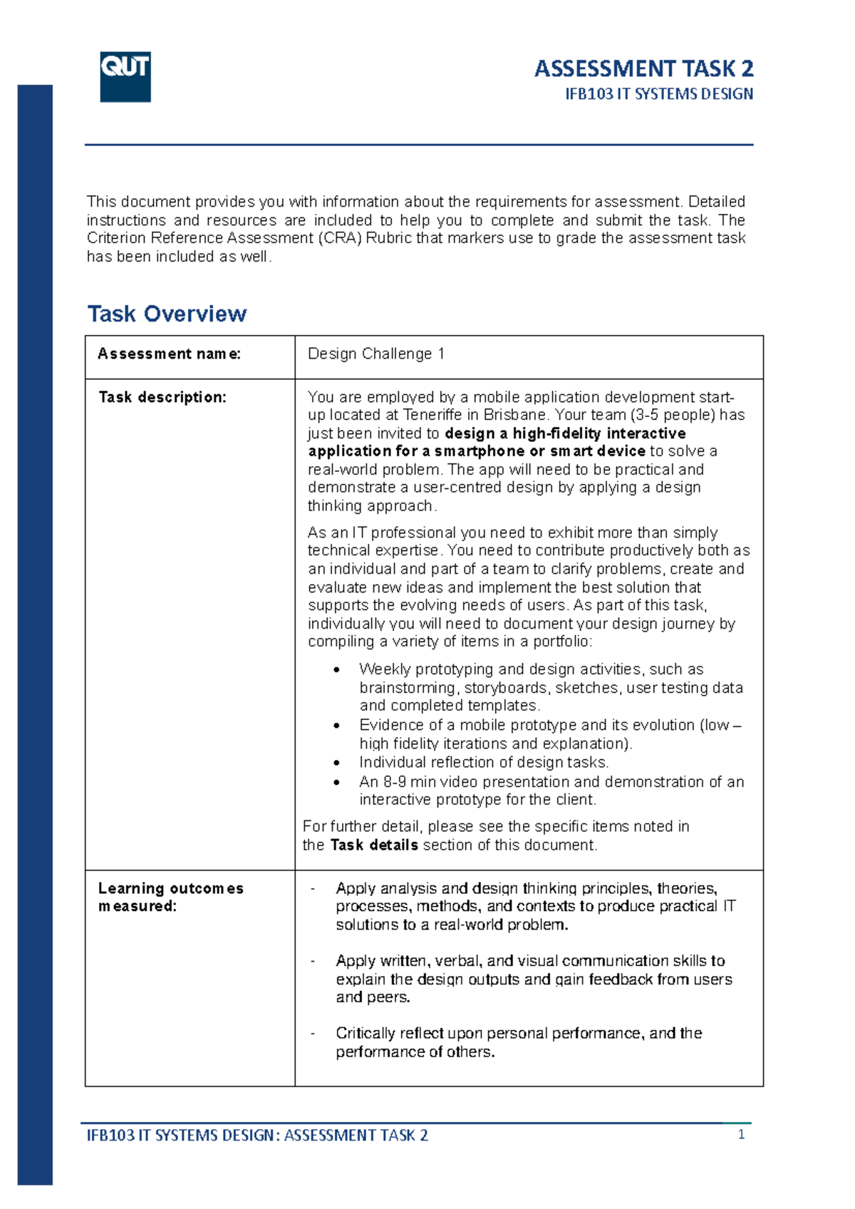 IFB103 - Assessment Task 2 - assessment specification - DC1-3 - IFB103 ...