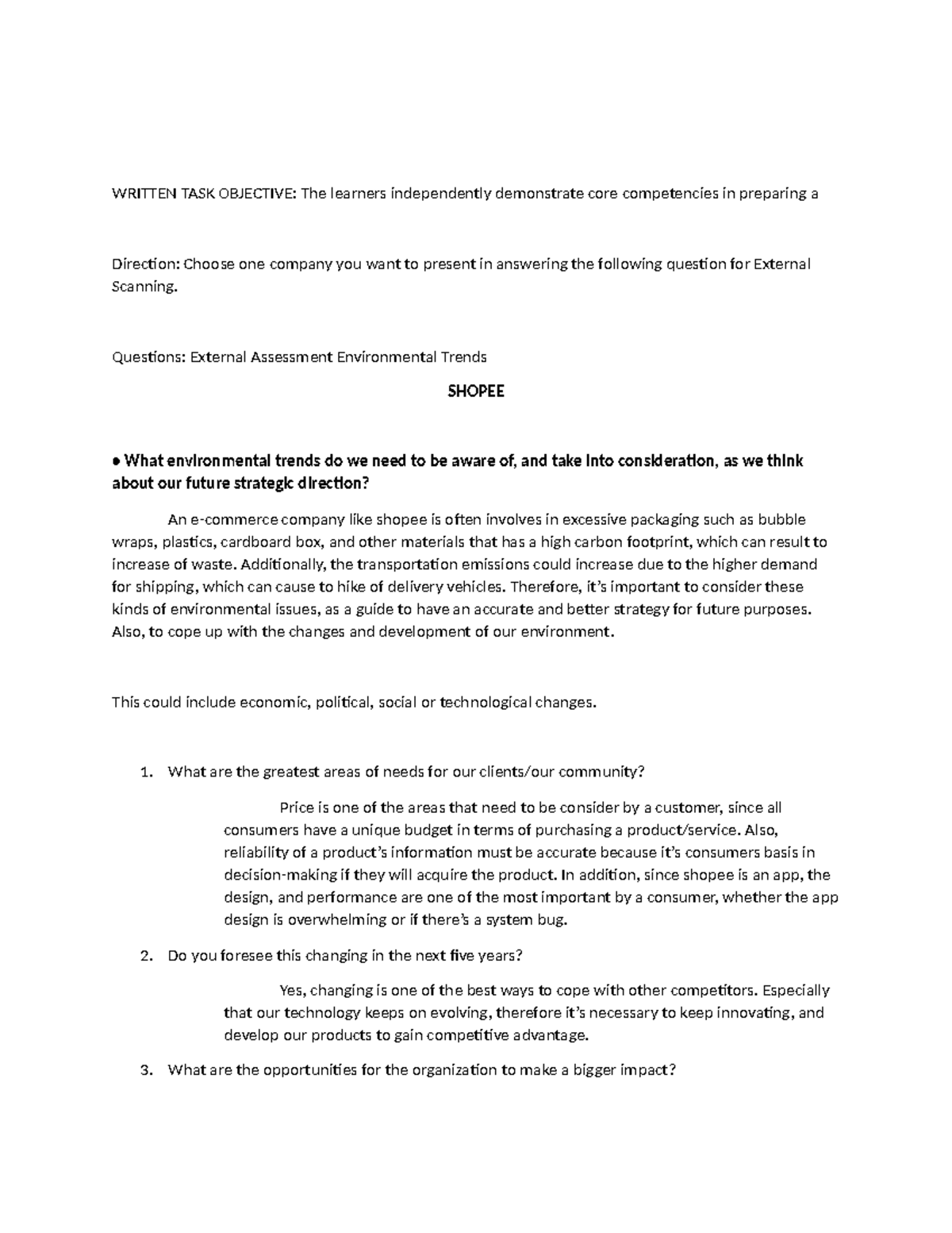 SM - shopee - strategic management - WRITTEN TASK OBJECTIVE: The ...