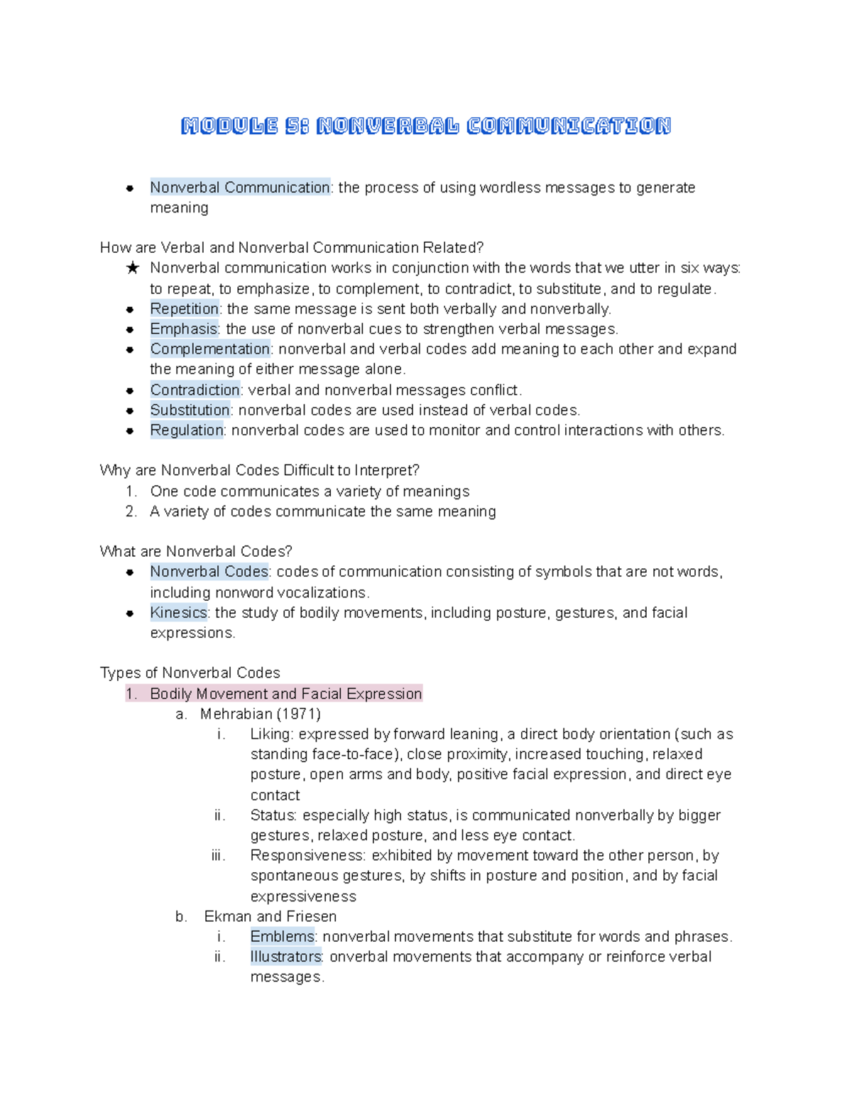 CDAE024 Module 5 Notes - Module 5: Nonverbal Communication Nonverbal ...