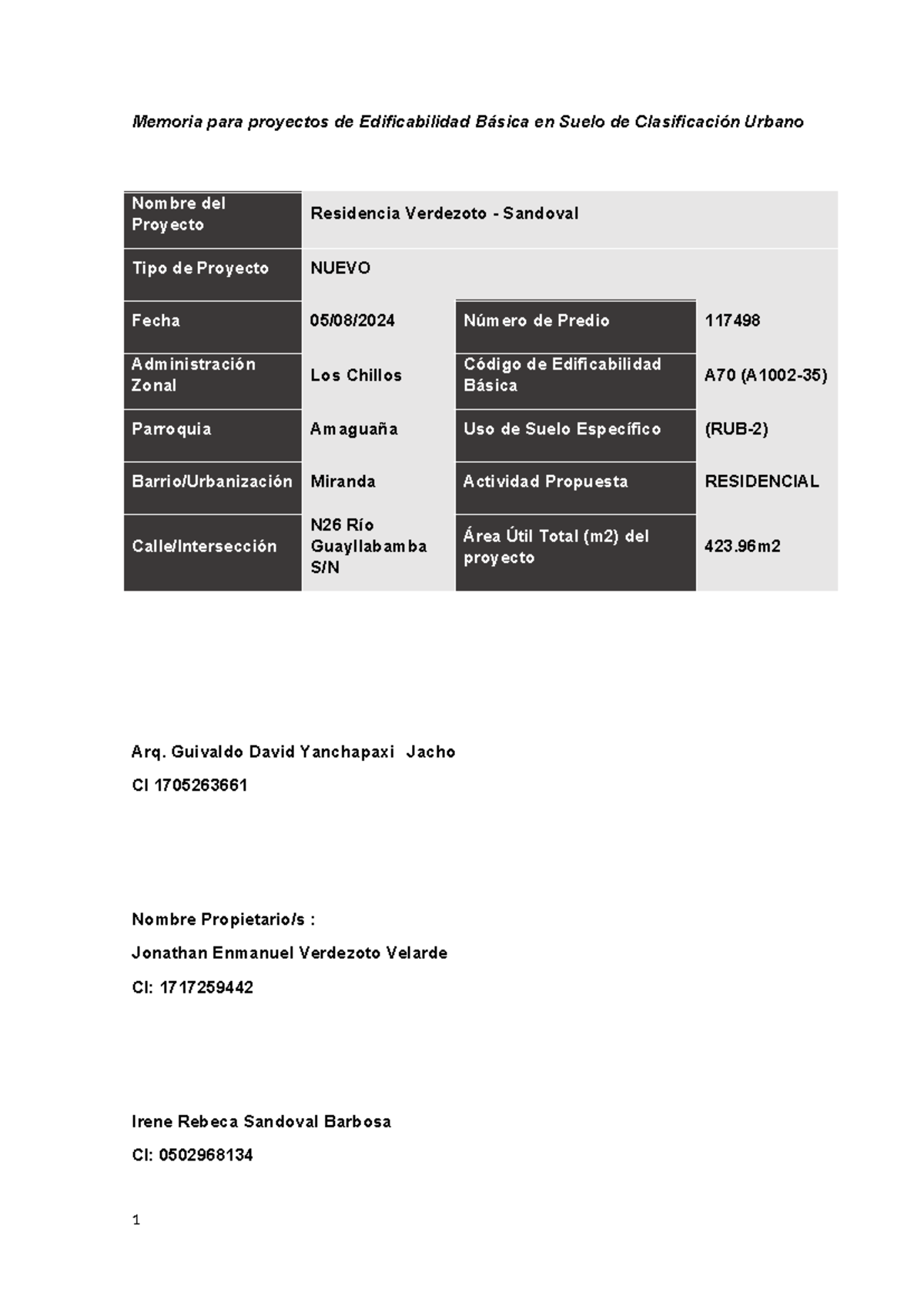Memoria para proyectos de Edificabilidad Básica en Suelo de Clasificación Urbano - Guivaldo ...